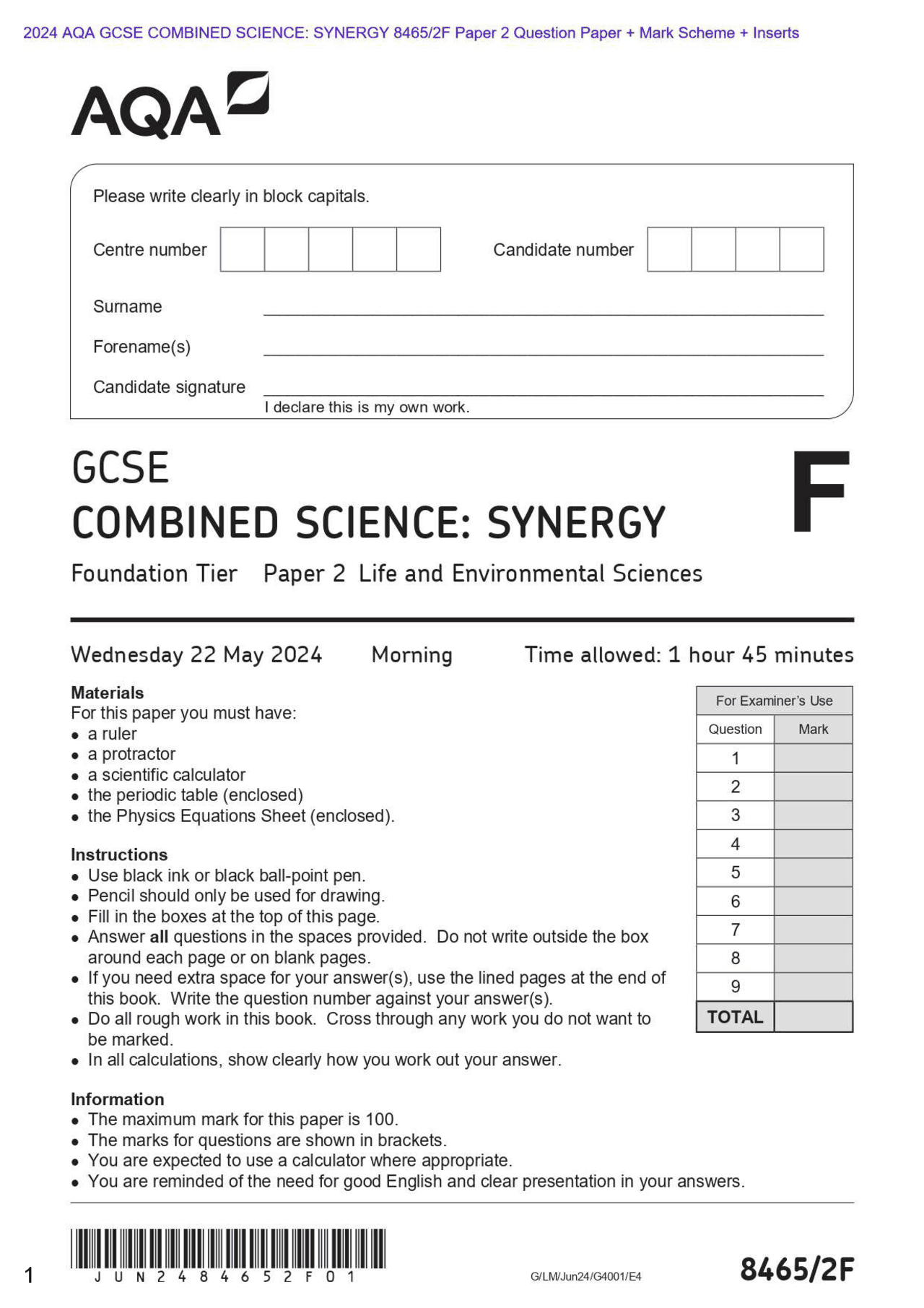 2024 AQA GCSE COMBINED SCIENCE: SYNERGY 8465/2F Paper 2 Question Paper + Mark Scheme + Ins ...