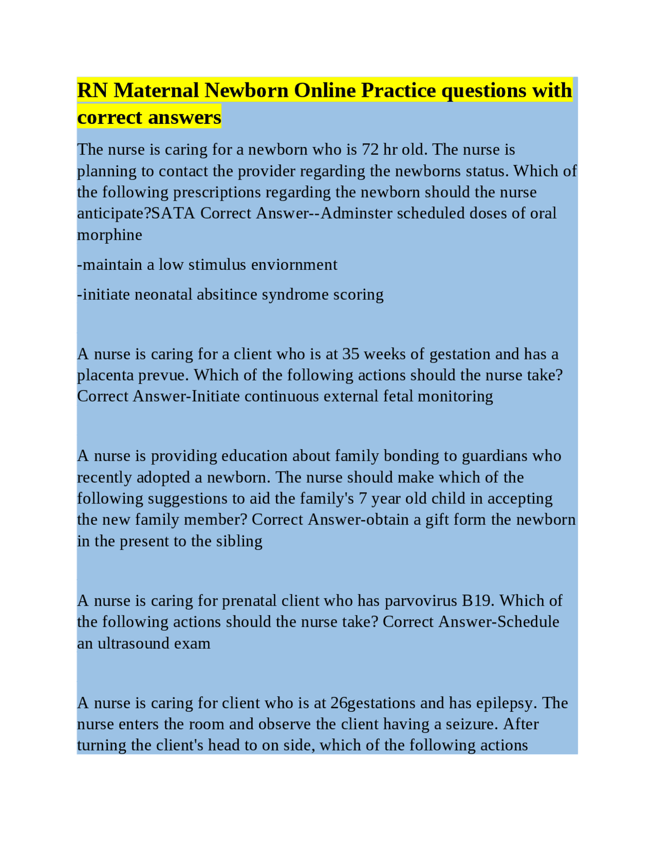RN Maternal Newborn Online Practice questions with correct answers ...