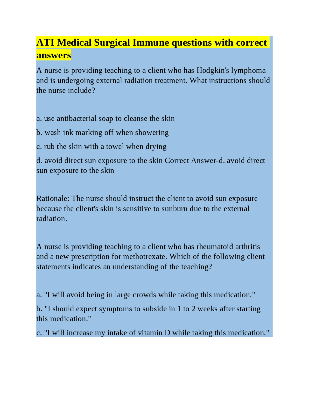 ATI Medical Surgical Immune questions with correct answers | Exams ...