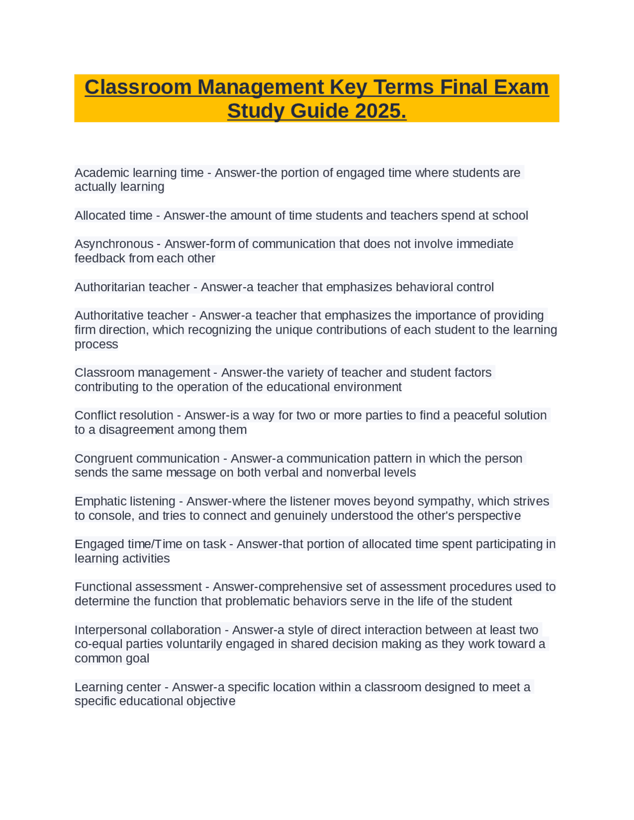 Classroom Management Key Terms: Study Guide 2025 | Exams Nursing | Docsity