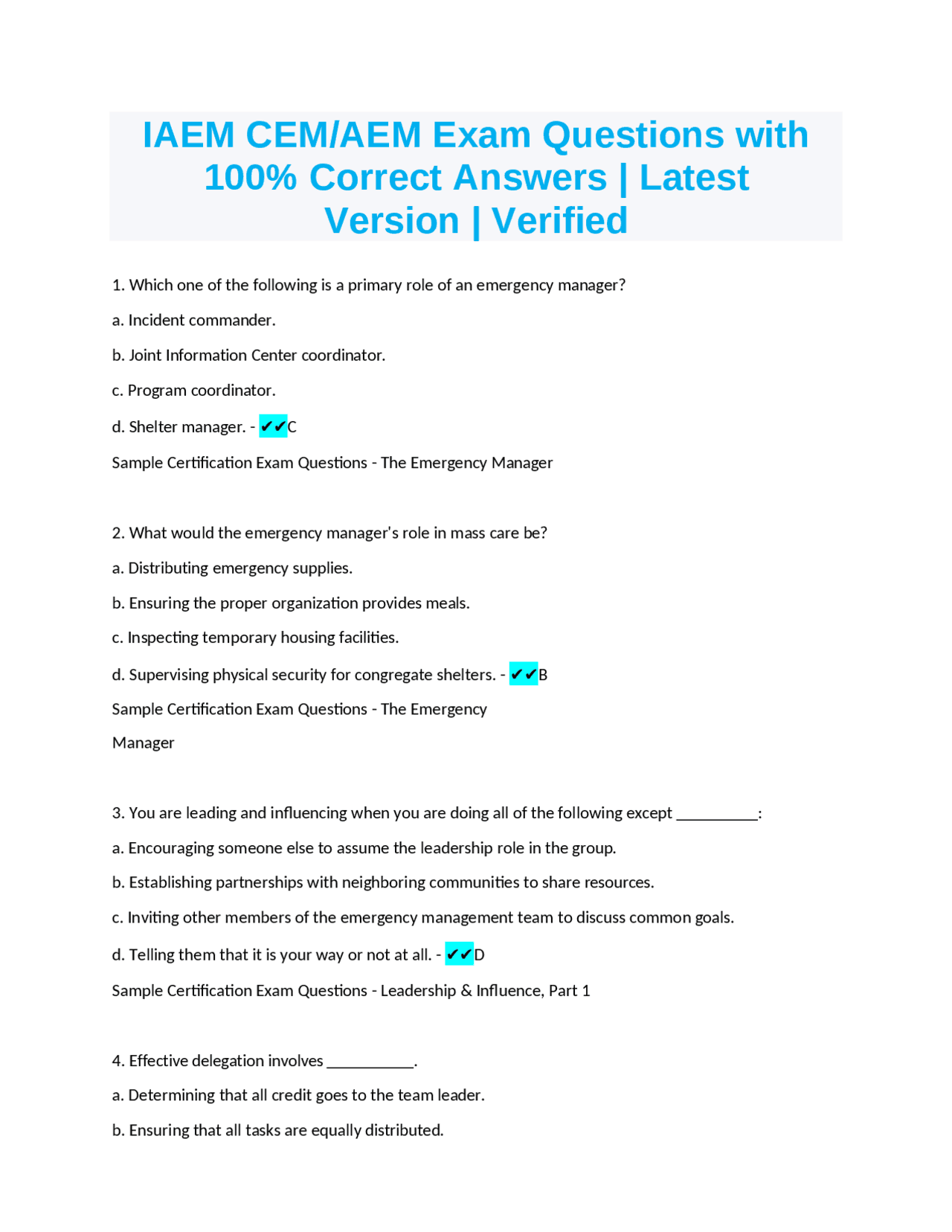 IAEM CEM/AEM Exam Questions with 100% Correct Answers | Latest Version ...