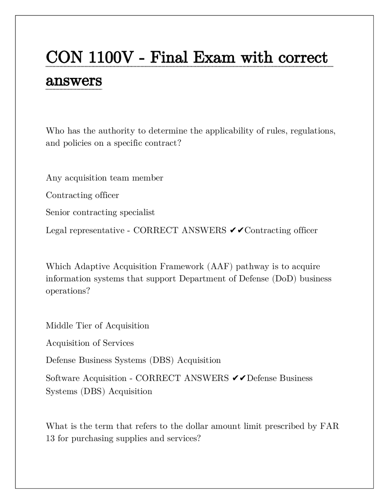 CON 1100V - Final Exam with correct answers. | Exams Contract Law | Docsity