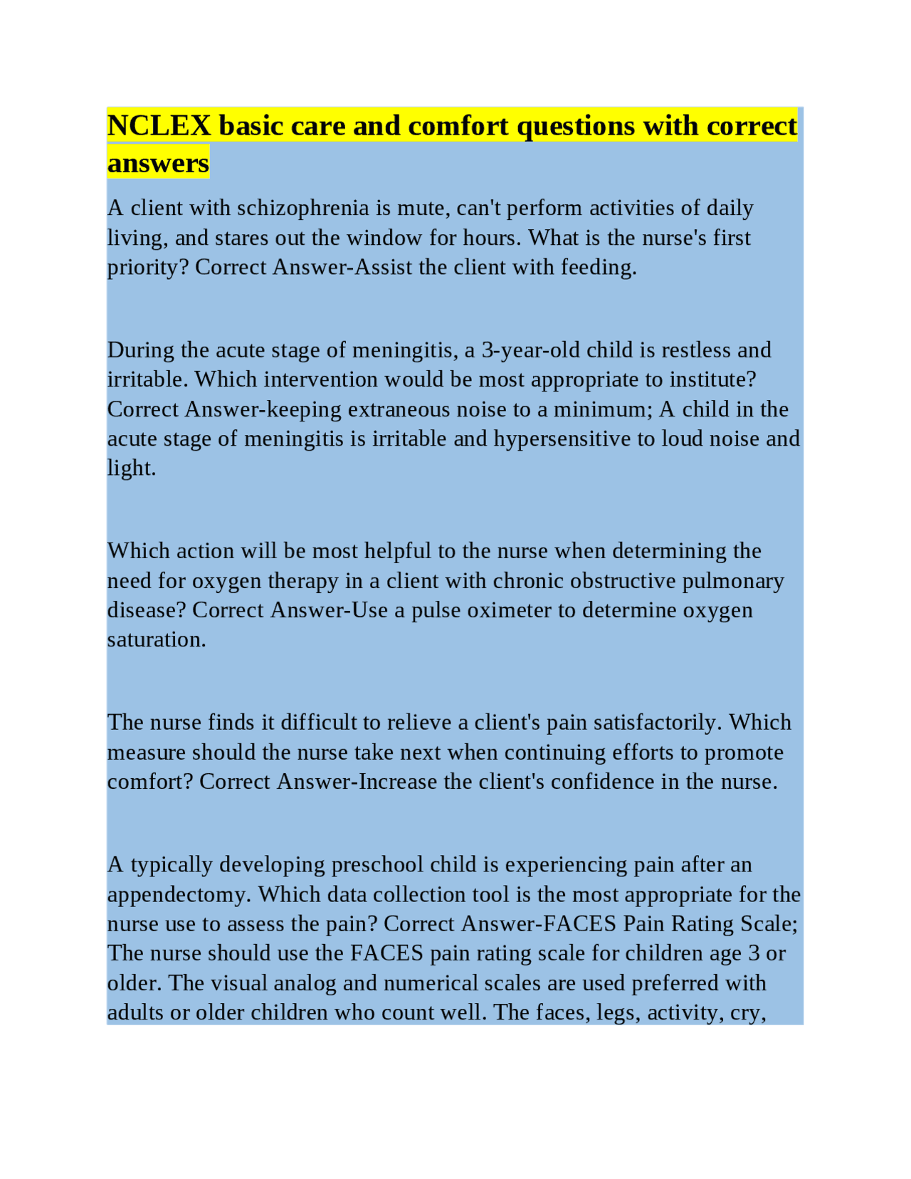 NCLEX basic care and comfort questions with correct answers | Exams ...