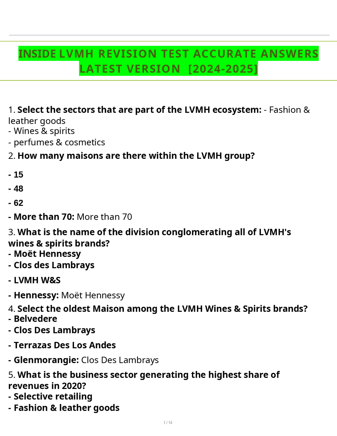 INSIDE LVMH REVISION TEST ACCURATE ANSWERS LATEST VERSION [2024-2025 ...
