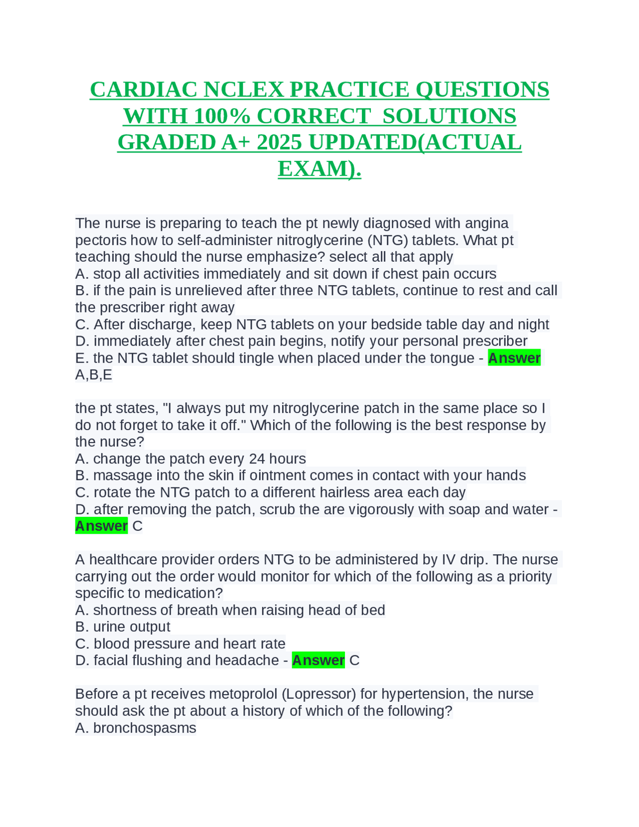 CARDIAC NCLEX PRACTICE QUESTIONS WITH 100% CORRECT SOLUTIONS GRADED A+ ...