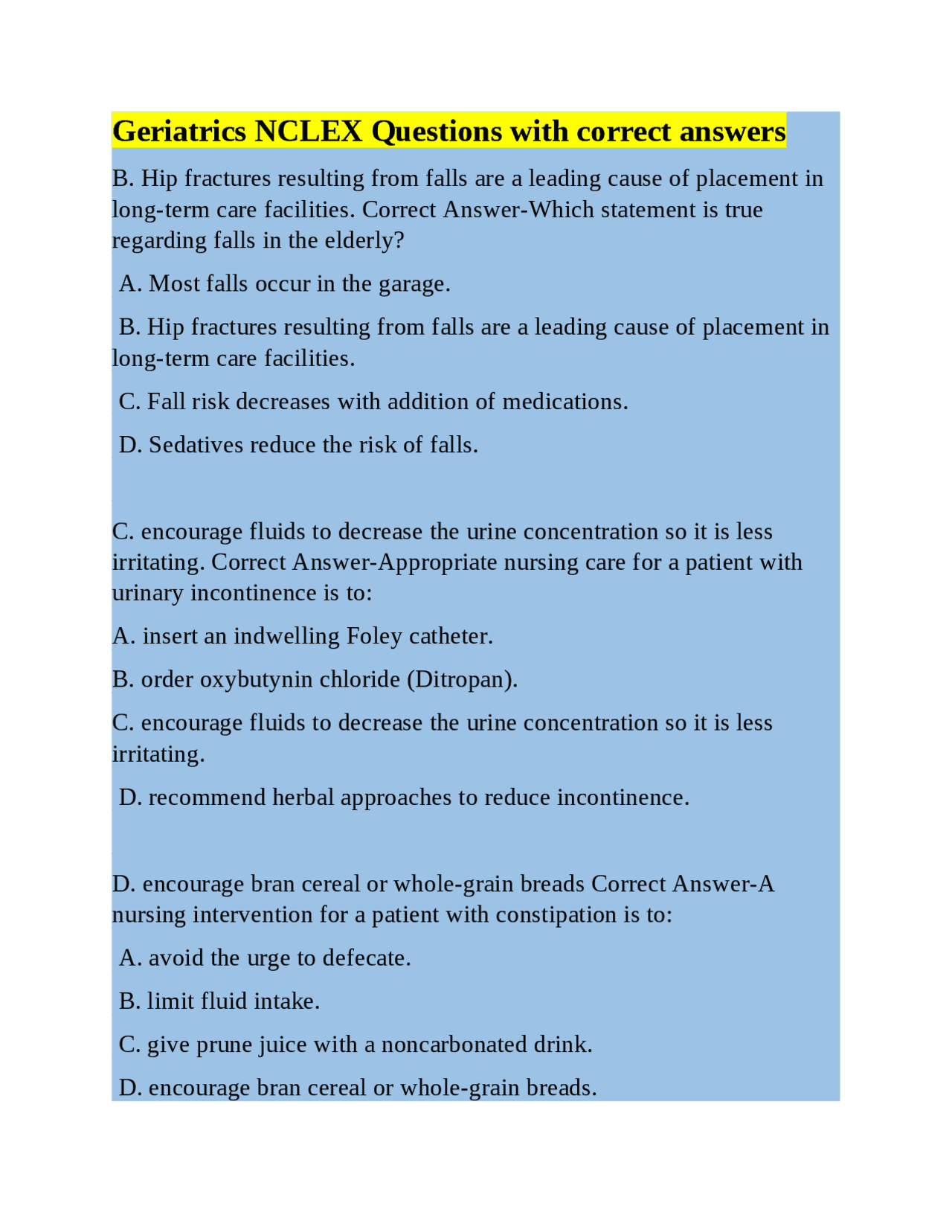 Geriatrics NCLEX Questions with correct answers | Exams Nursing | Docsity