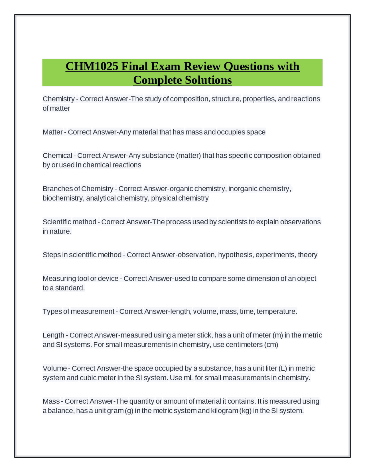CHM1025 Final Exam Review Questions with Complete Solutions | Exams ...