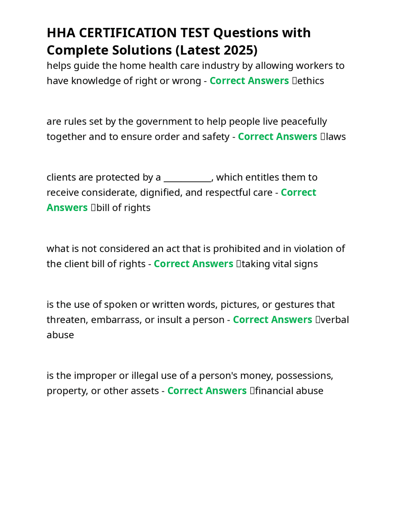 HHA CERTIFICATION TEST Questions with Complete Solutions (Latest 2025 ...