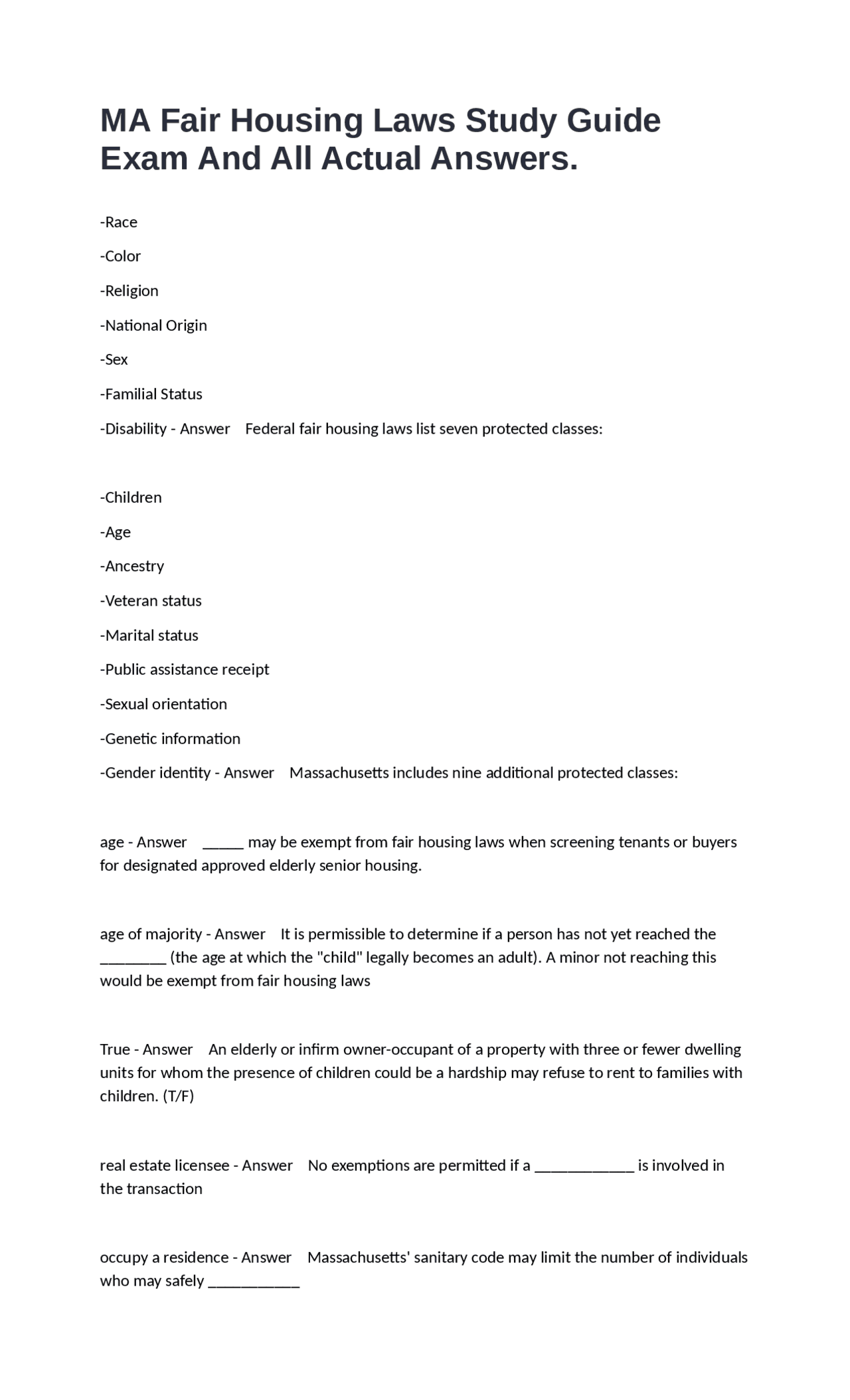 MA Fair Housing Laws Study Guide Exam And All Actual Answers. | Exams ...