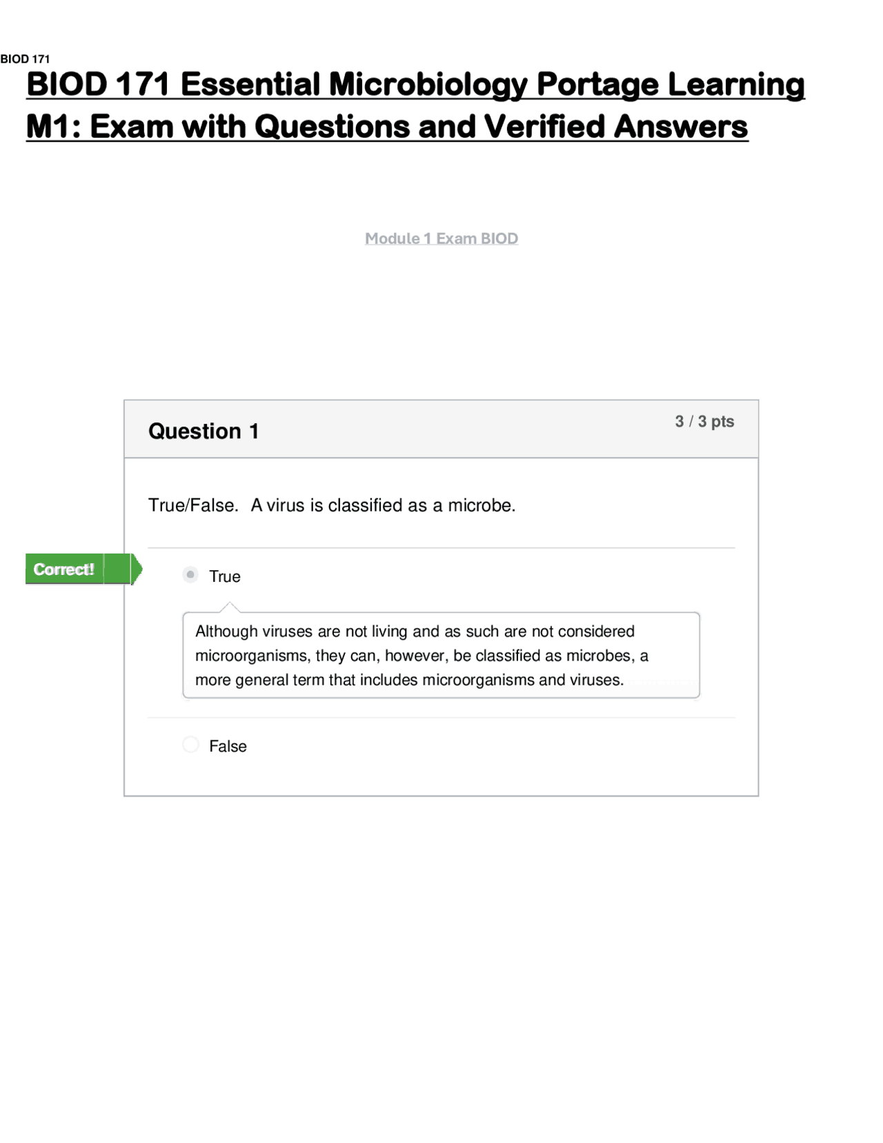 Essential Microbiology BIOD 171 Portage Learning M1 Exam with Questions ...