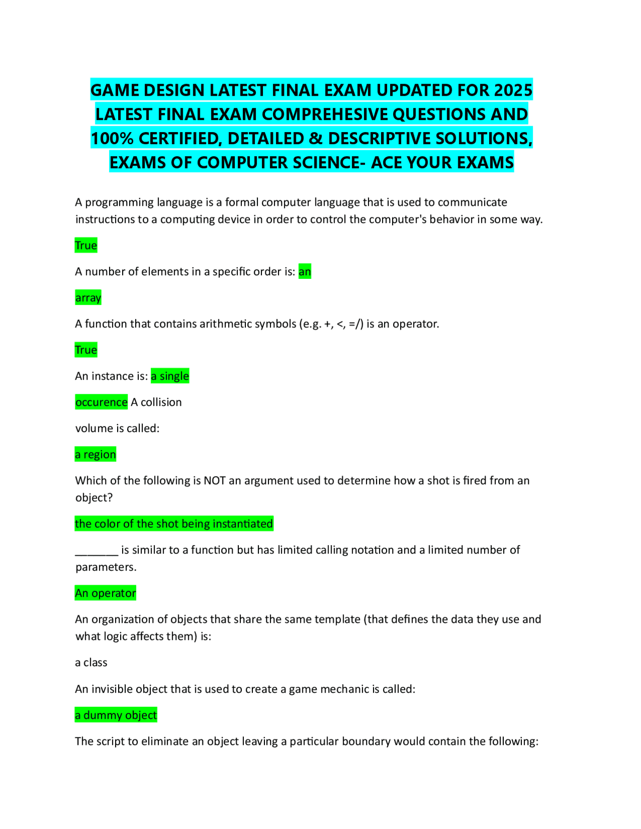 GAME DESIGN LATEST FINAL EXAM UPDATED FOR 2025 LATEST FINAL EXAM ...