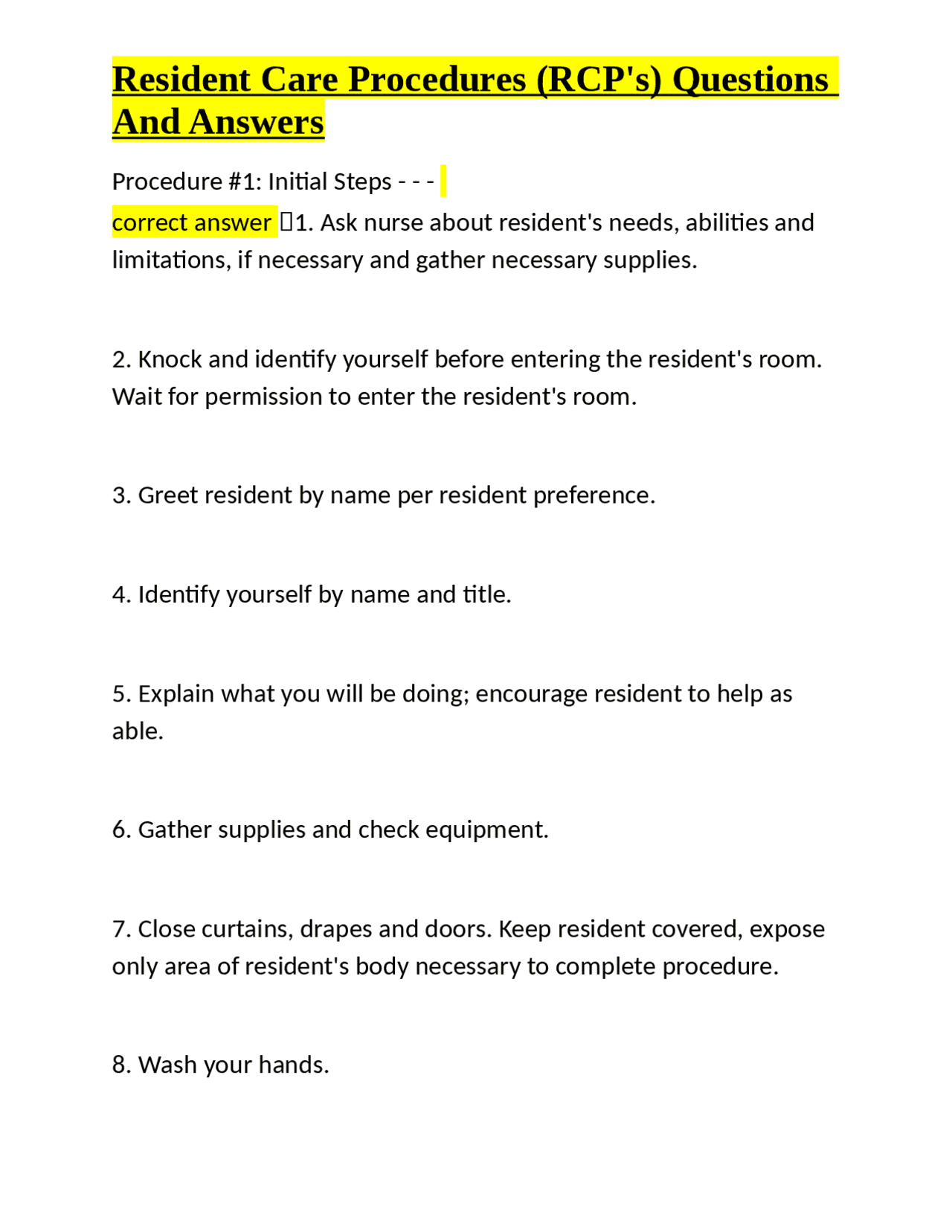 Resident Care Procedures (RCP's) Questions And Answers | Exams Nursing ...