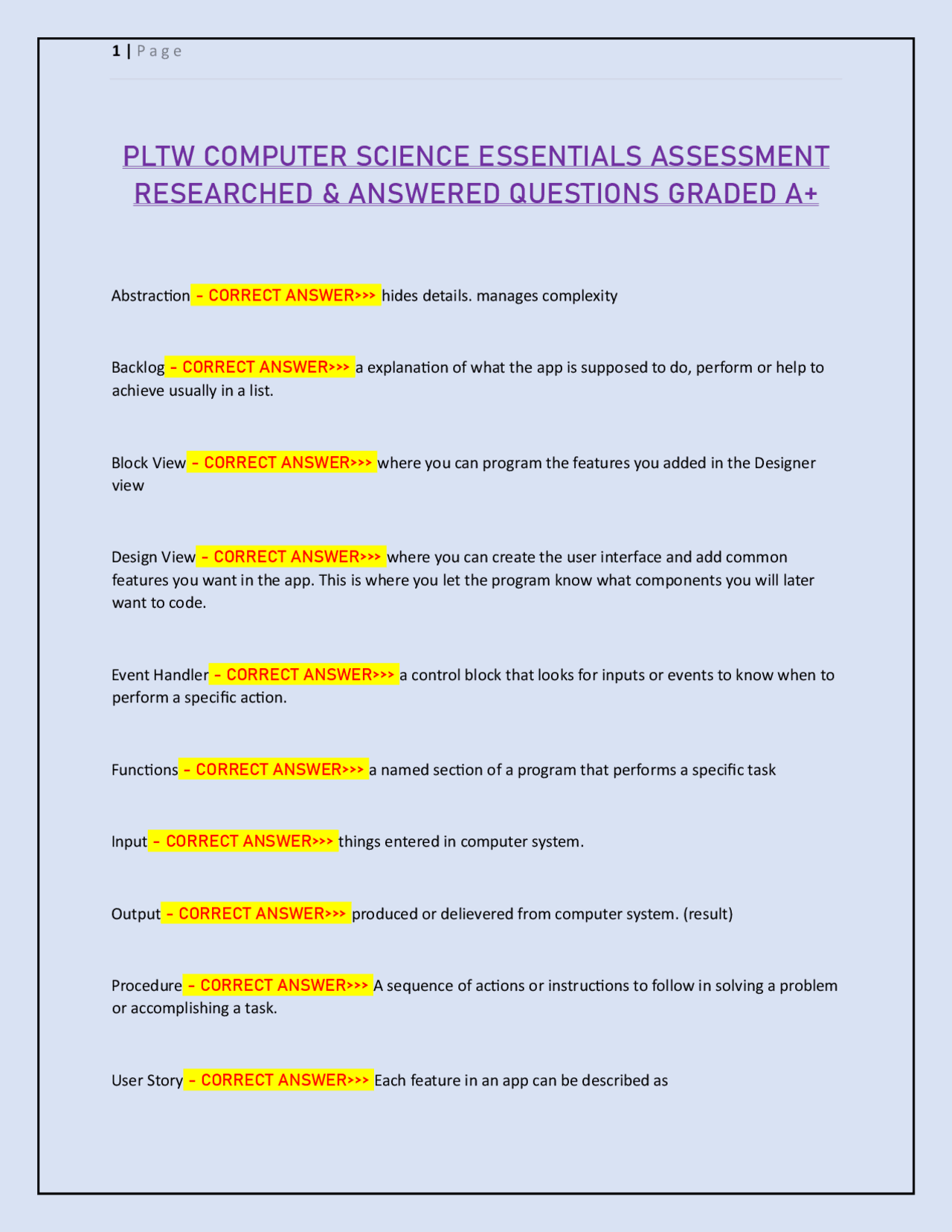PLTW COMPUTER SCIENCE ESSENTIALS ASSESSMENT RESEARCHED & ANSWERED ...