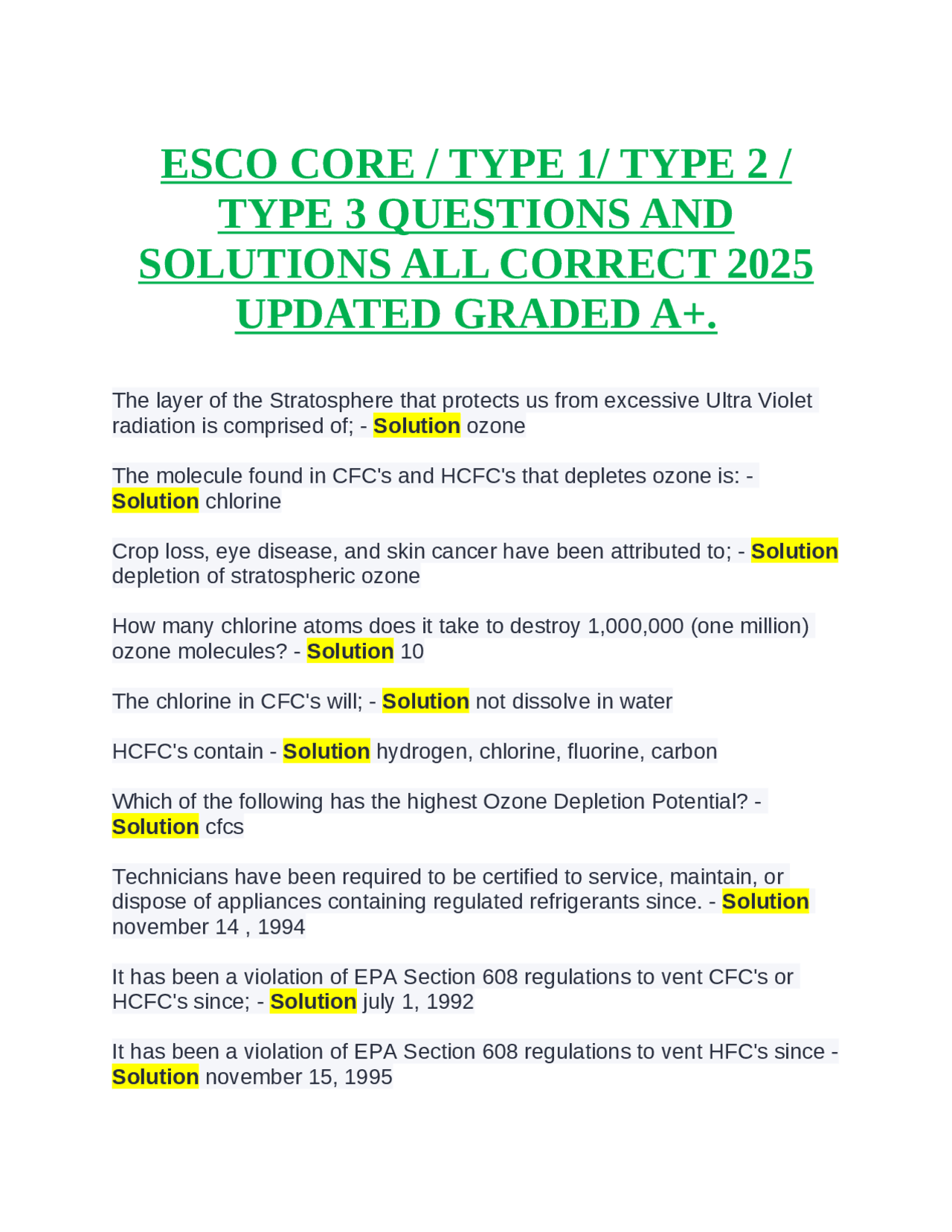 ESCO CORE / TYPE 1/ TYPE 2 / TYPE 3 QUESTIONS AND SOLUTIONS ALL CORRECT ...