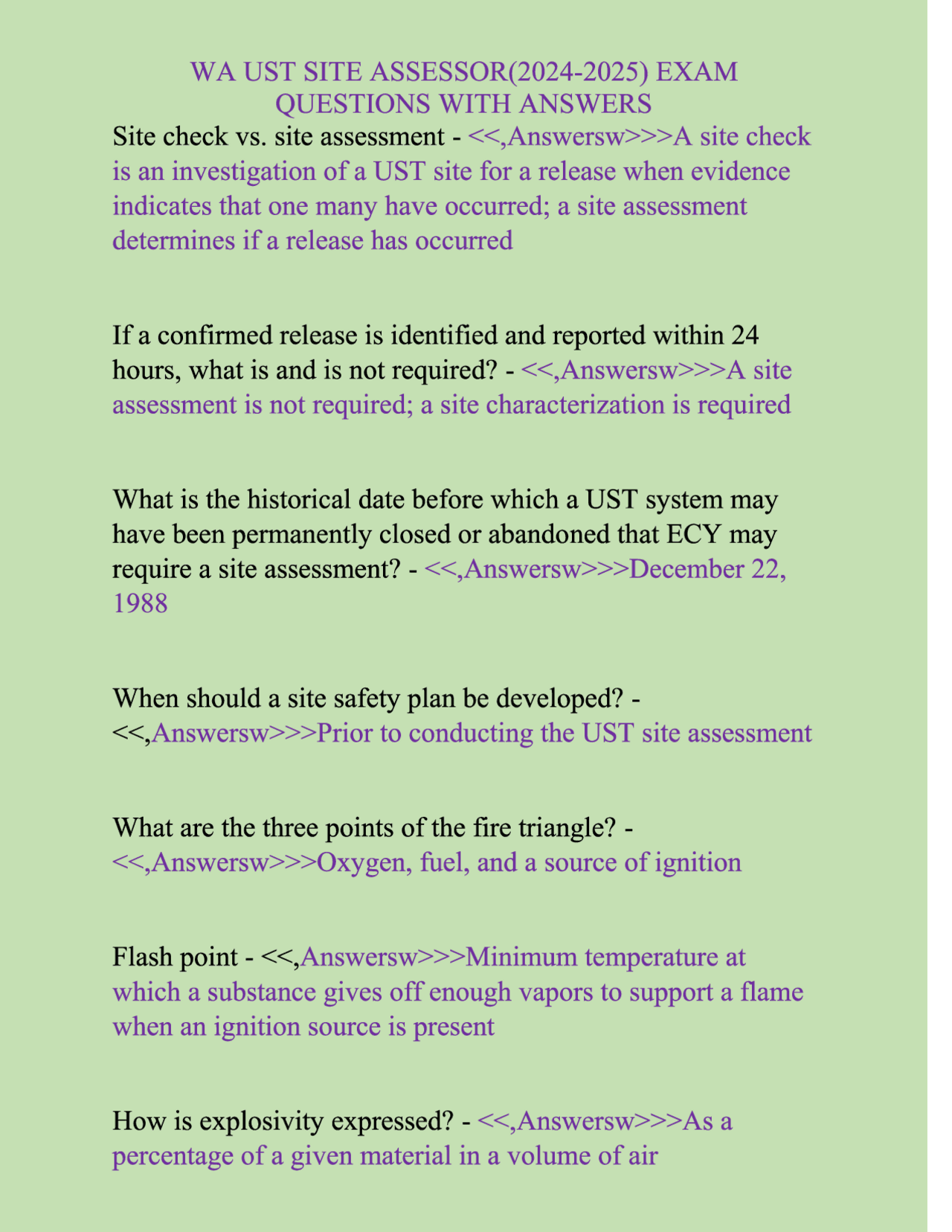 WA UST Site Assessor Exam Questions and Answers 2024 | Exams Water and ...