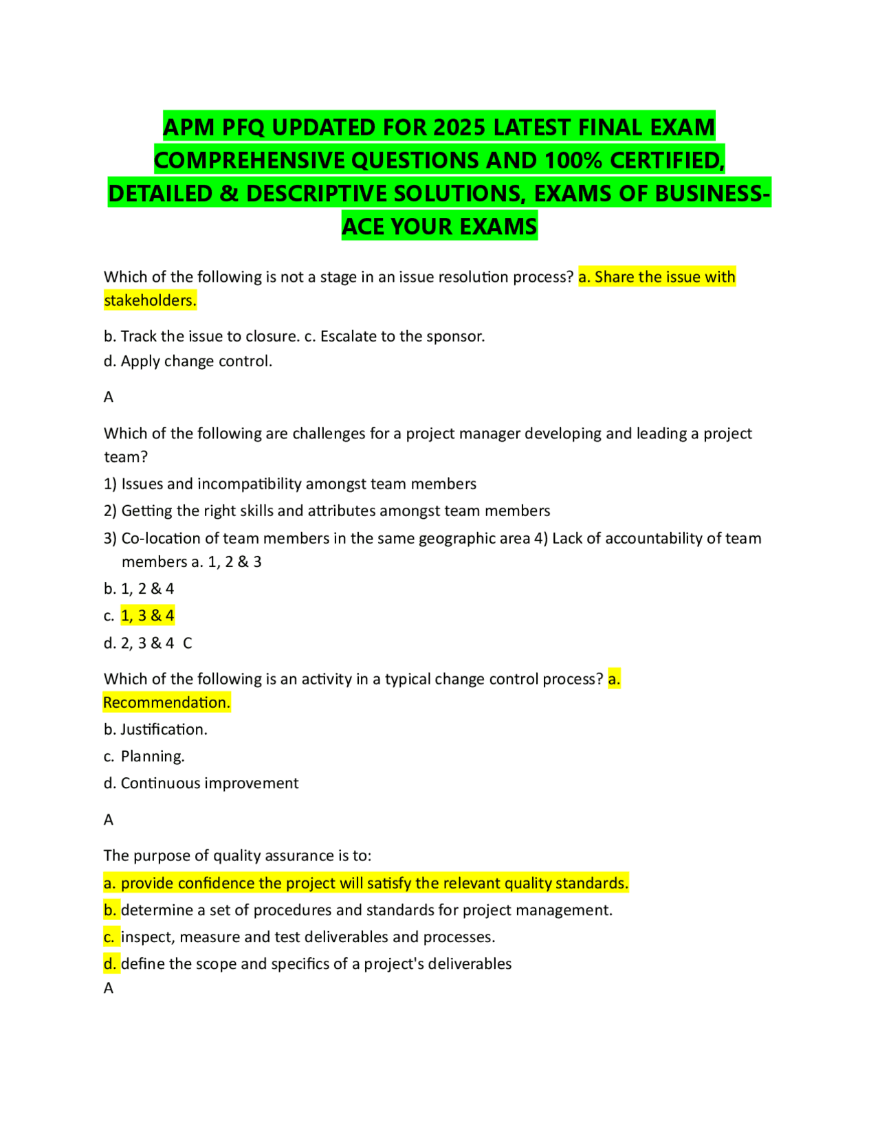 APM PFQ UPDATED FOR 2025 LATEST FINAL EXAM COMPREHENSIVE QUESTIONS AND ...