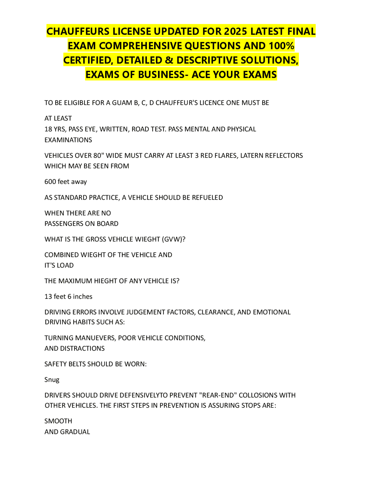 CHAUFFEURS LICENSE UPDATED FOR 2025 LATEST FINAL EXAM COMPREHENSIVE ...