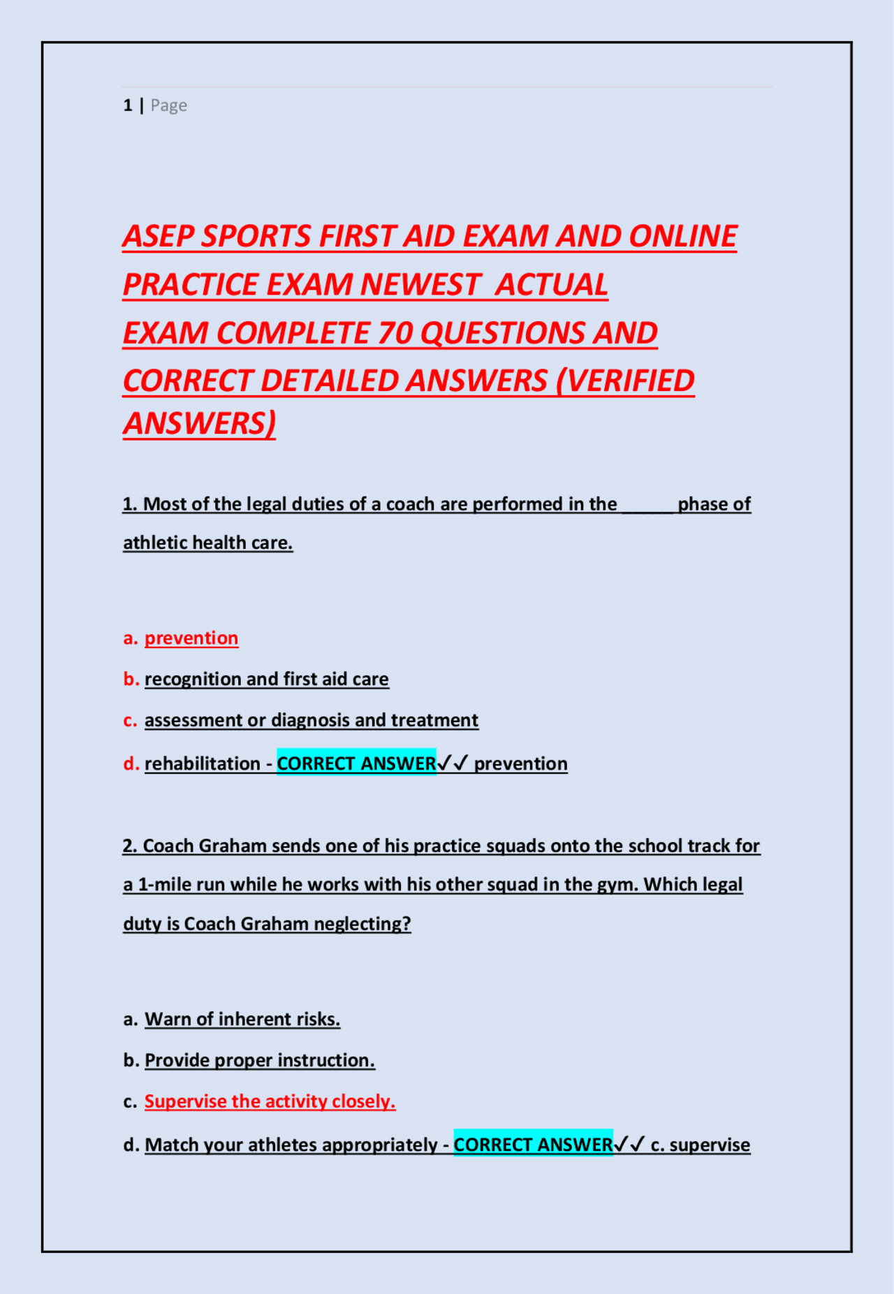 ASEP SPORTS FIRST AID EXAM AND ONLINE PRACTICE EXAM NEWEST ACTUAL EXAM ...