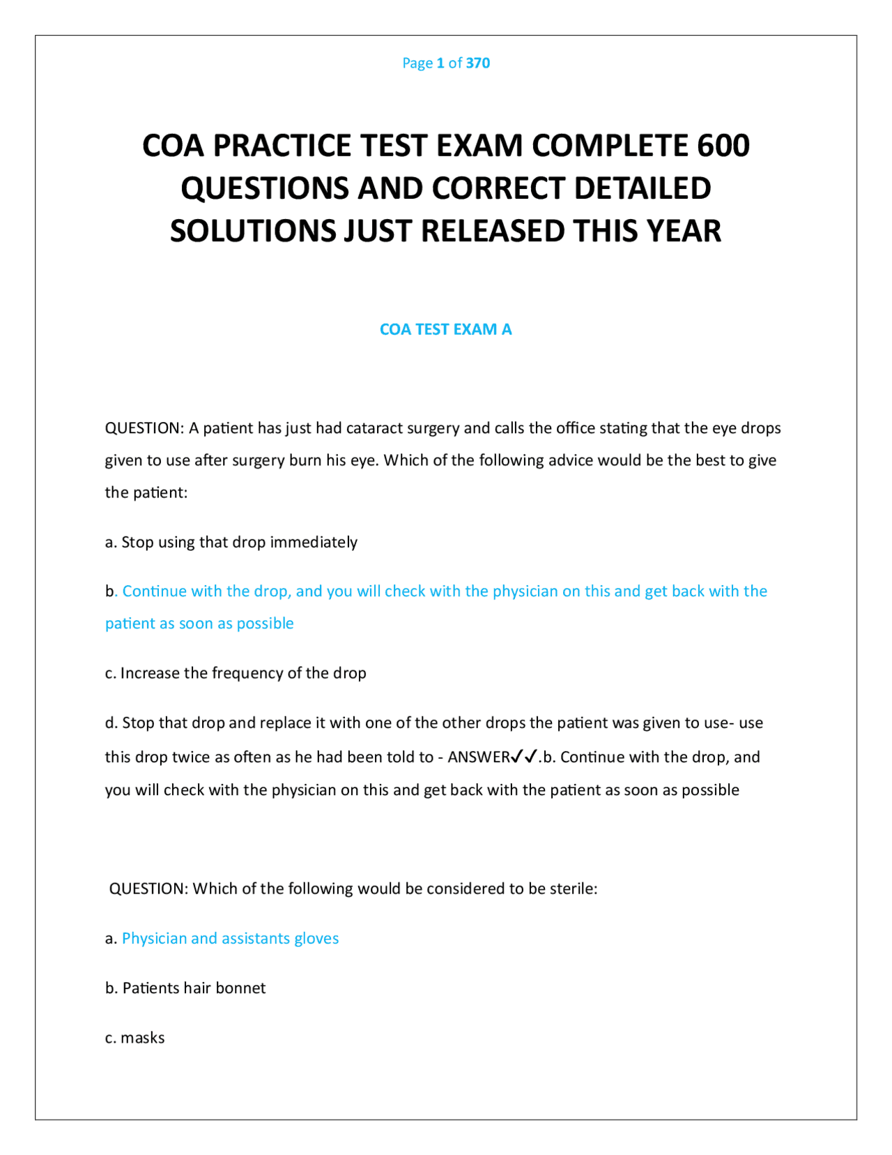 COA PRACTICE TEST EXAM COMPLETE 600 QUESTIONS AND CORRECT DETAILED ...