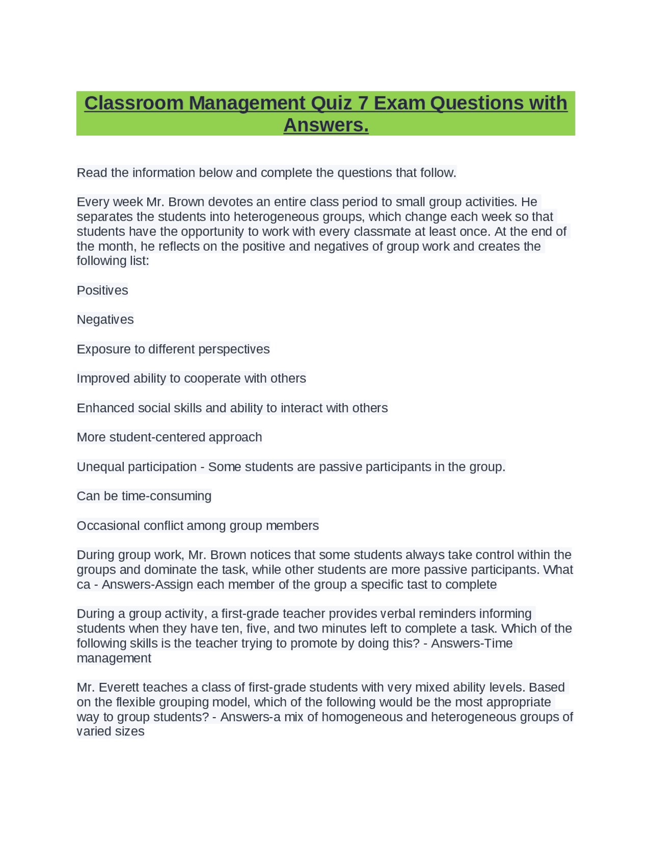 Classroom Management Quiz 7 Exam Questions with Answers. | Exams ...