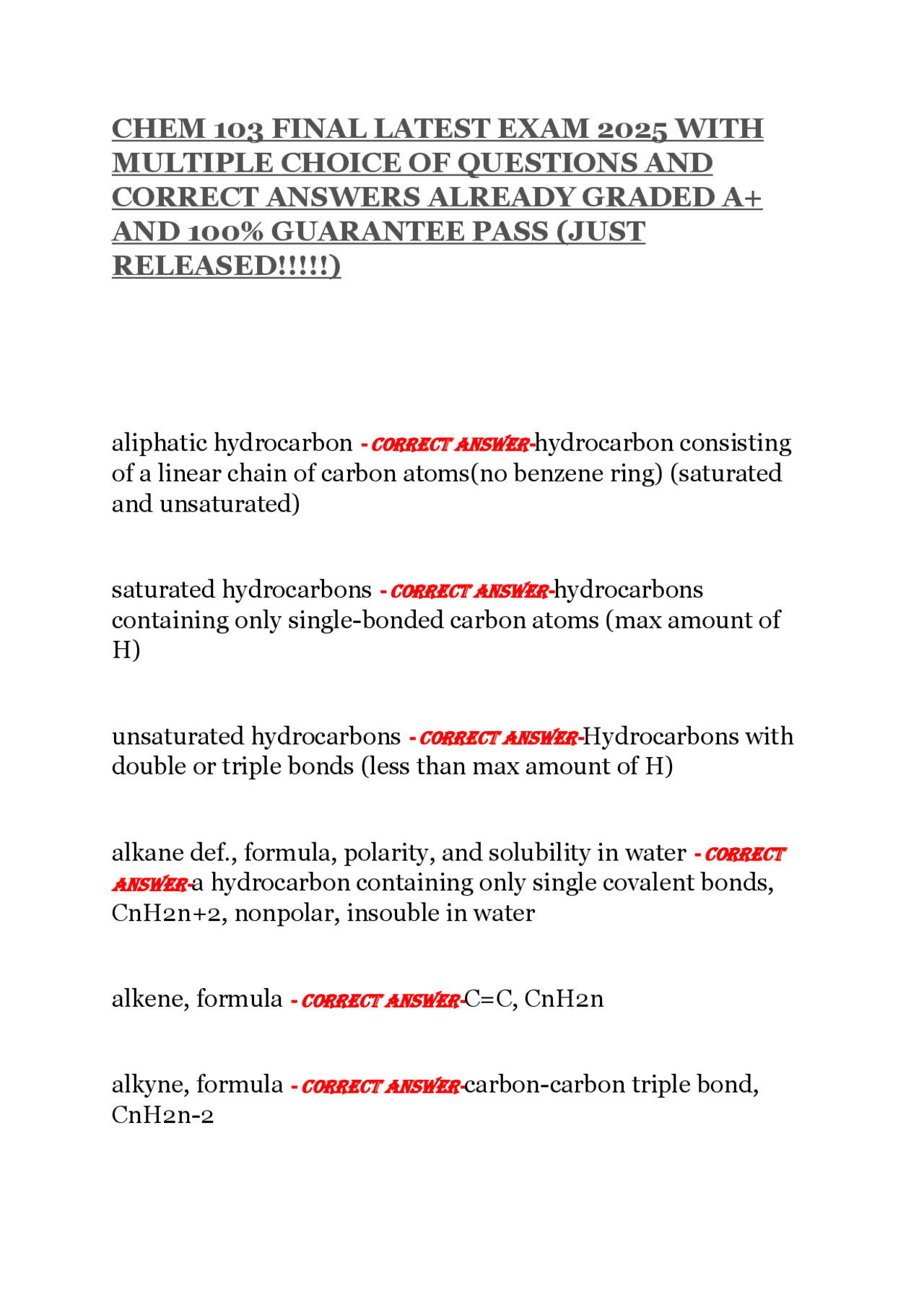 CHEM 103 FINAL LATEST EXAM 2025 WITH MULTIPLE CHOICE OF QUESTIONS AND ...