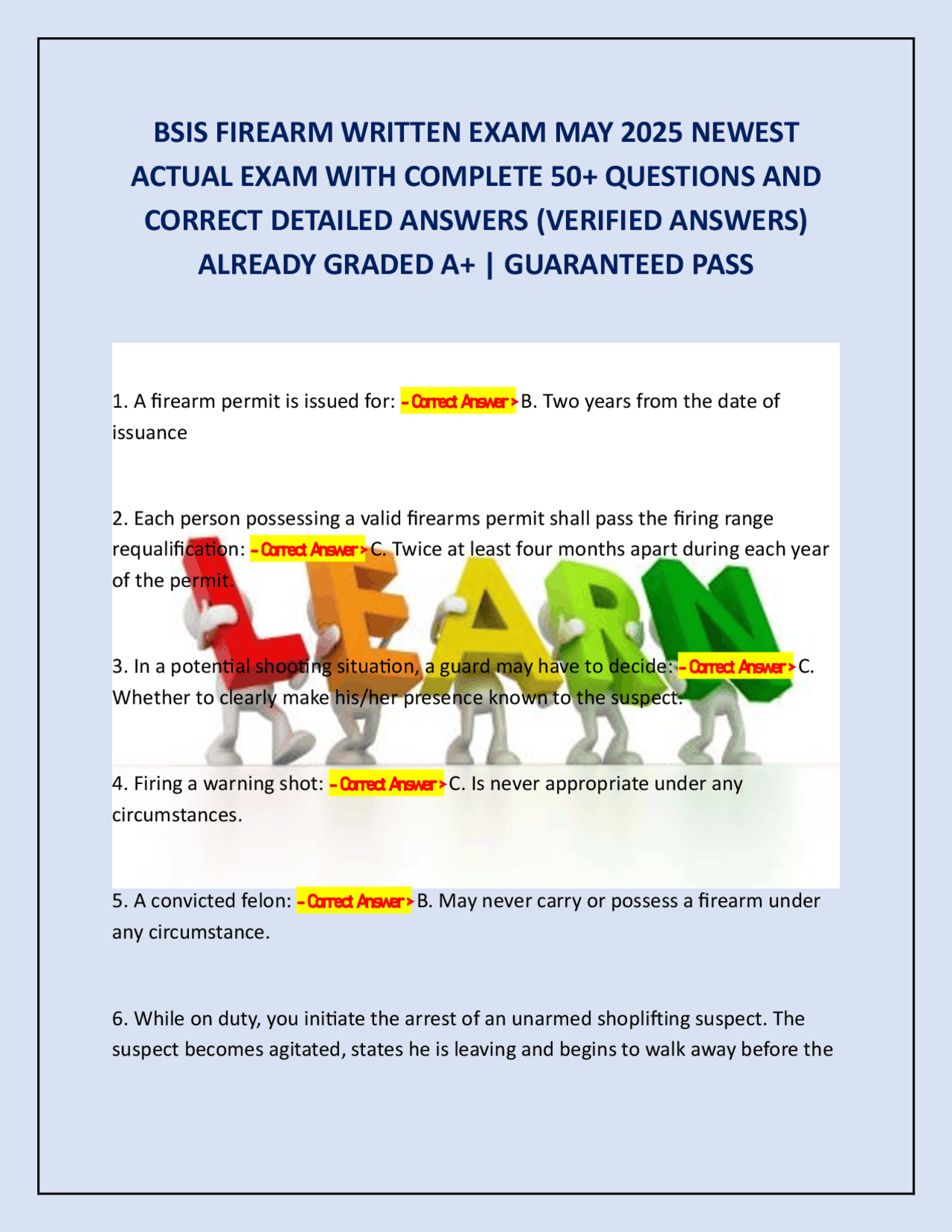 BSIS FIREARM WRITTEN EXAM MAY 2025 NEWEST ACTUAL EXAM WITH COMPLETE 50 ...
