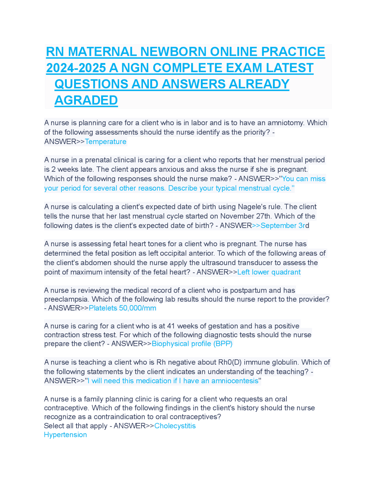 RN MATERNAL NEWBORN ONLINE PRACTICE 2024-2025 A NGN COMPLETE EXAM ...