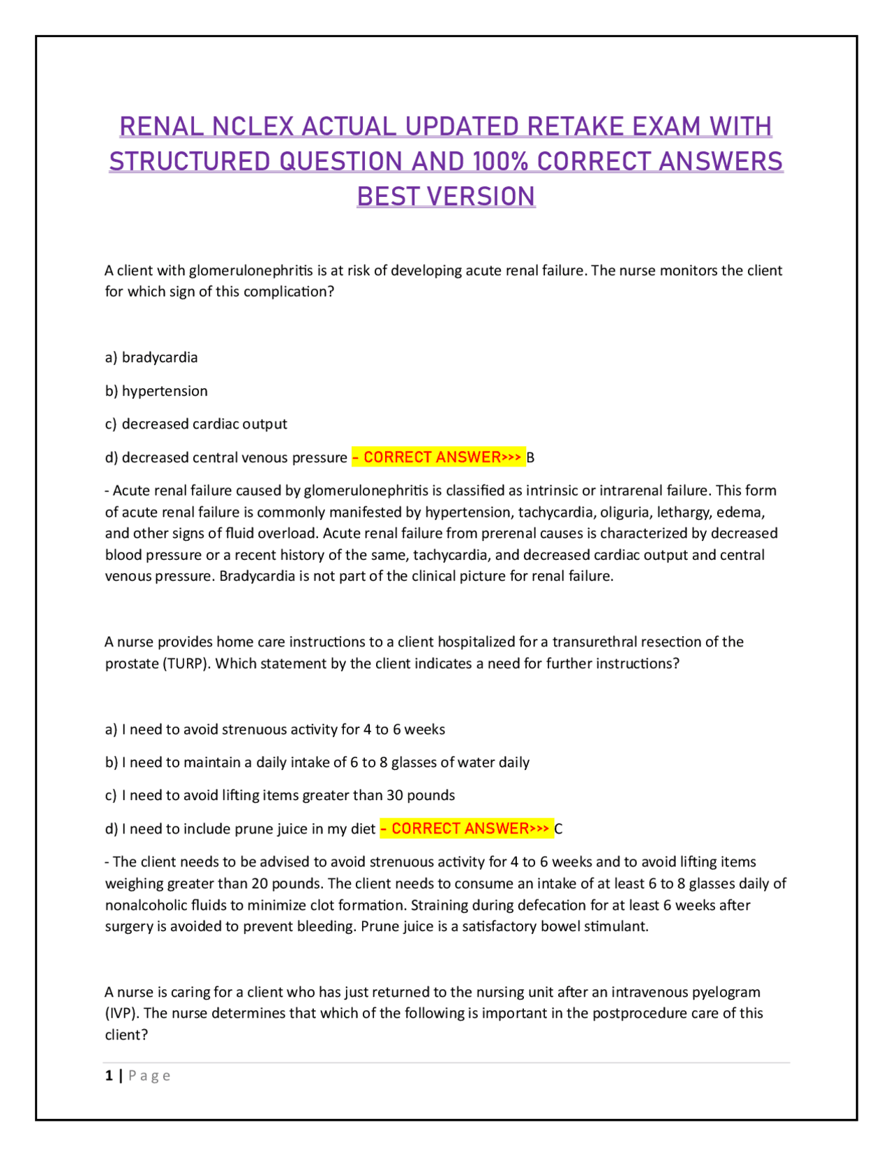 RENAL NCLEX ACTUAL UPDATED RETAKE EXAM WITH STRUCTURED QUESTION AND 100 ...