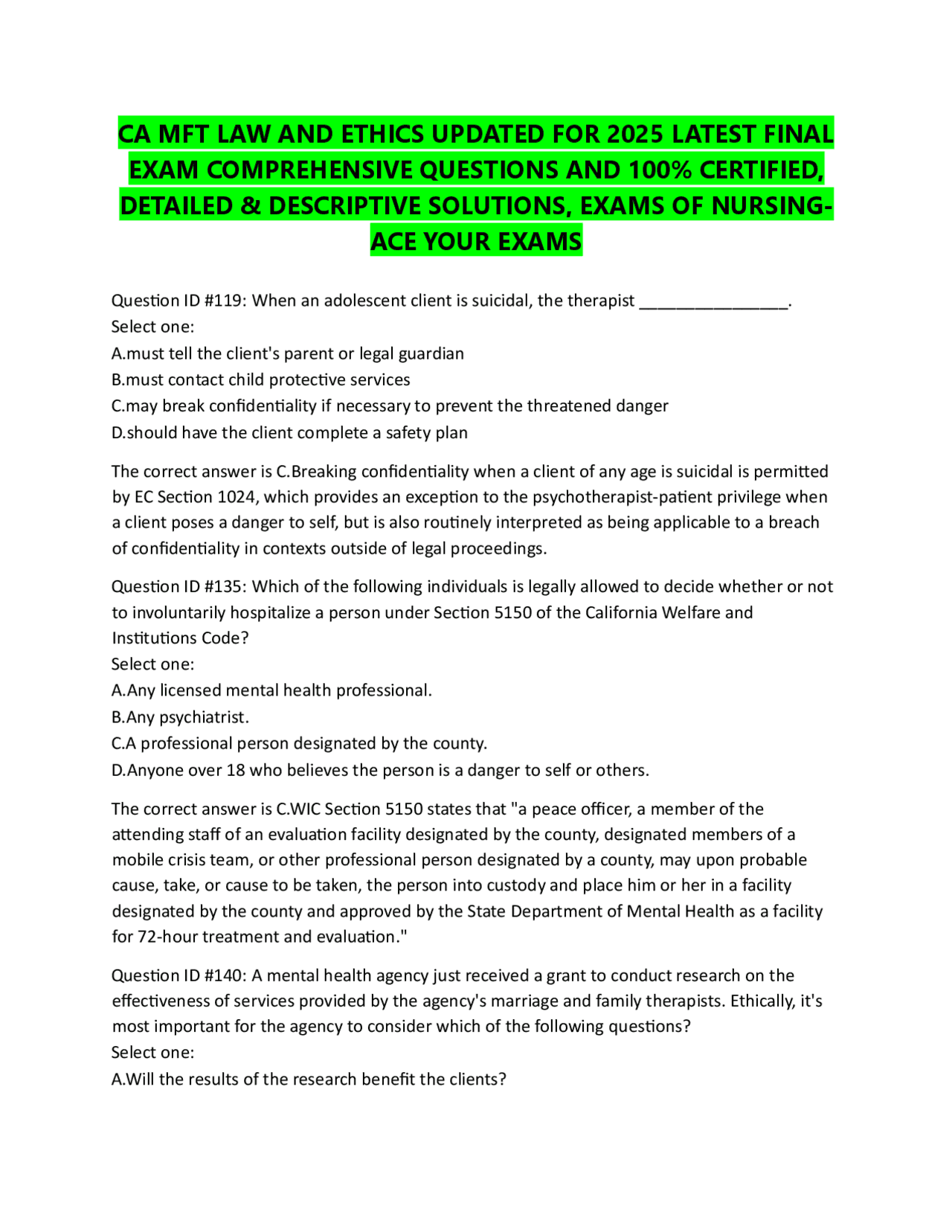 CA MFT LAW AND ETHICS UPDATED FOR 2025 LATEST FINAL EXAM COMPREHENSIVE ...