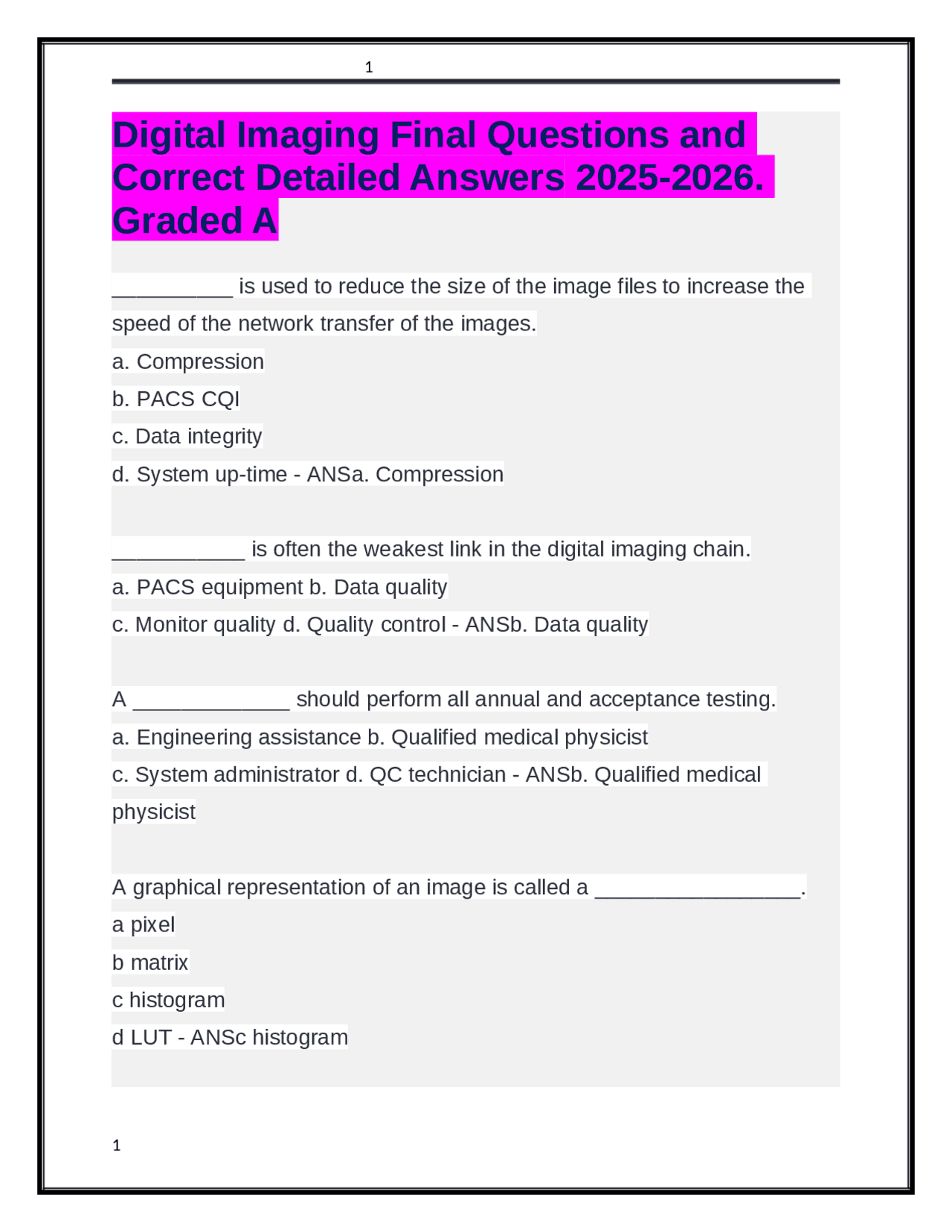 Digital Imaging Final Questions and Correct Detailed Answers 2025-2026. Graded A | Exams Digital ...