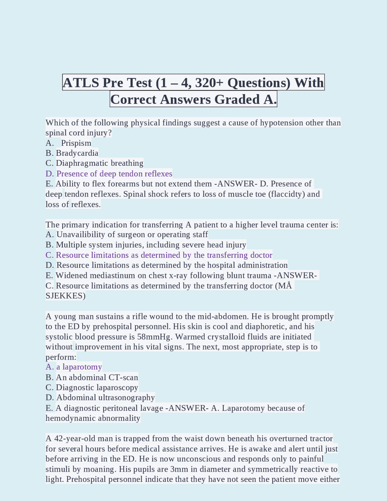 ATLS Pre Test (1 – 4, 320+ Questions) With Correct Answers Graded A ...
