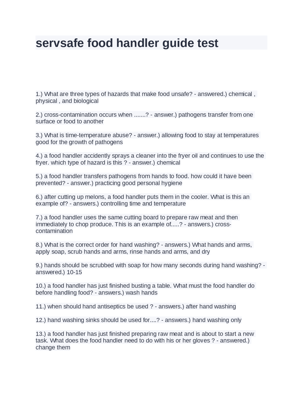 ServSafe Food Handler Practice Test: Food Safety Questions and Answers ...