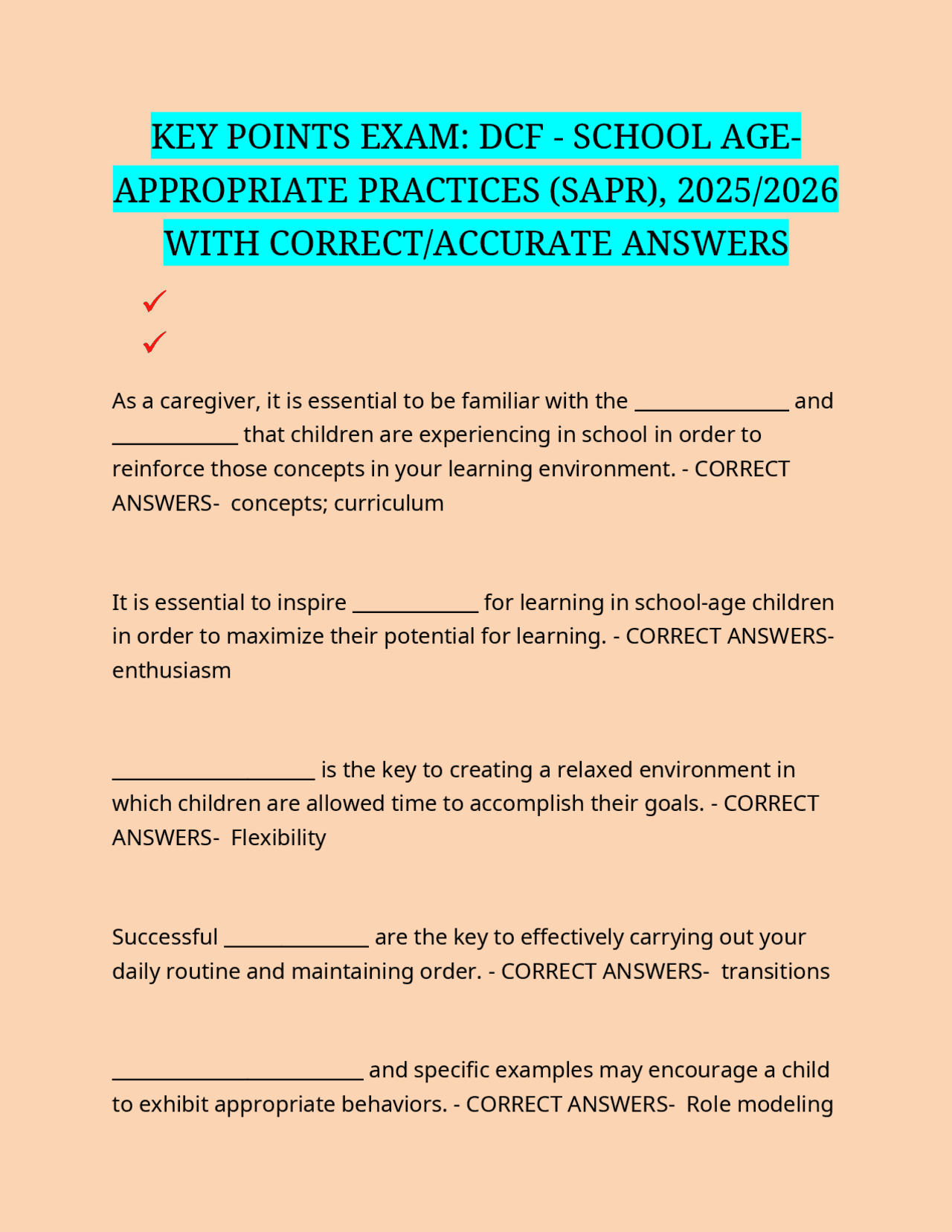 KEY POINTS EXAM: DCF - SCHOOL AGE-APPROPRIATE PRACTICES (SAPR), 2025/ ...