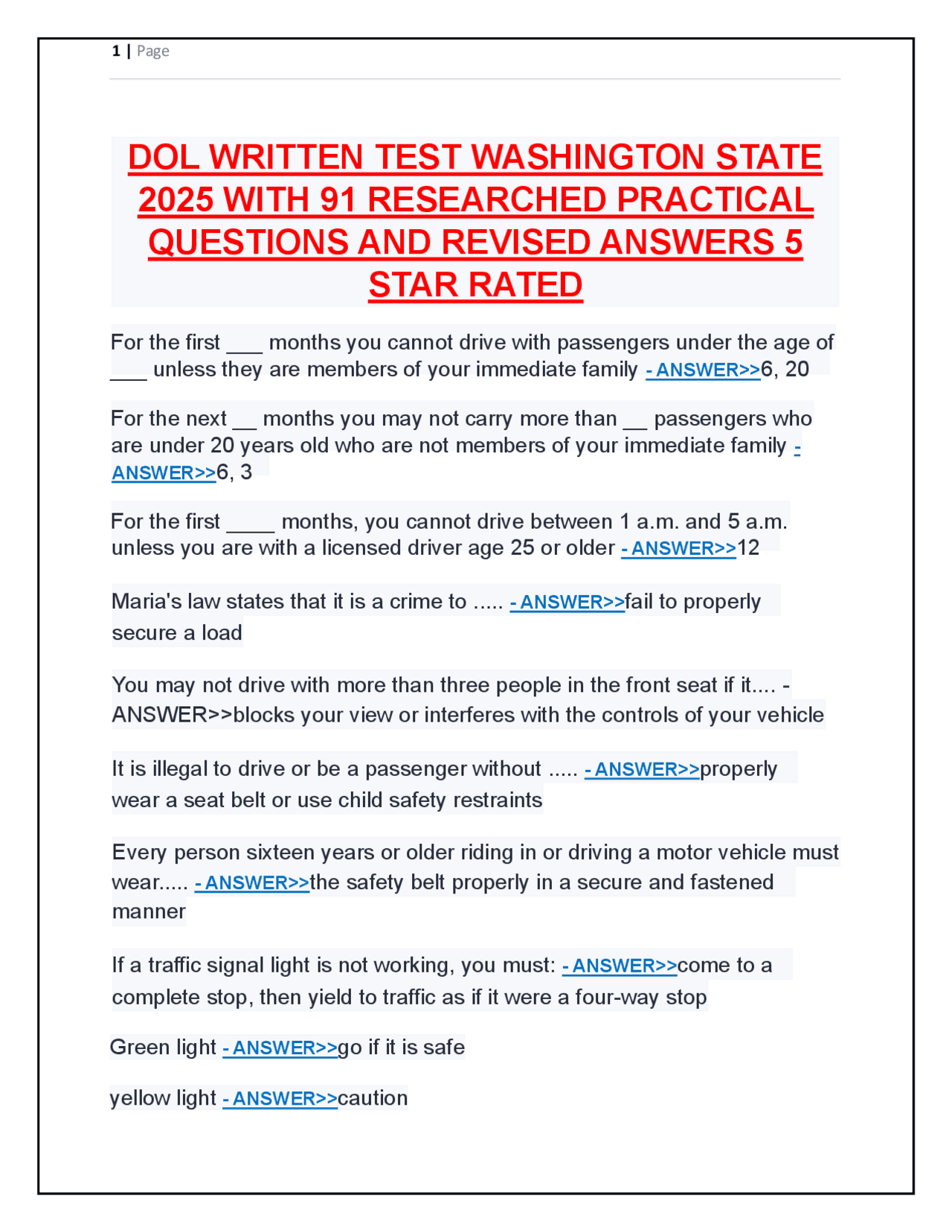 Washington State DOL Written Test 2025: Practice Questions & Answers ...