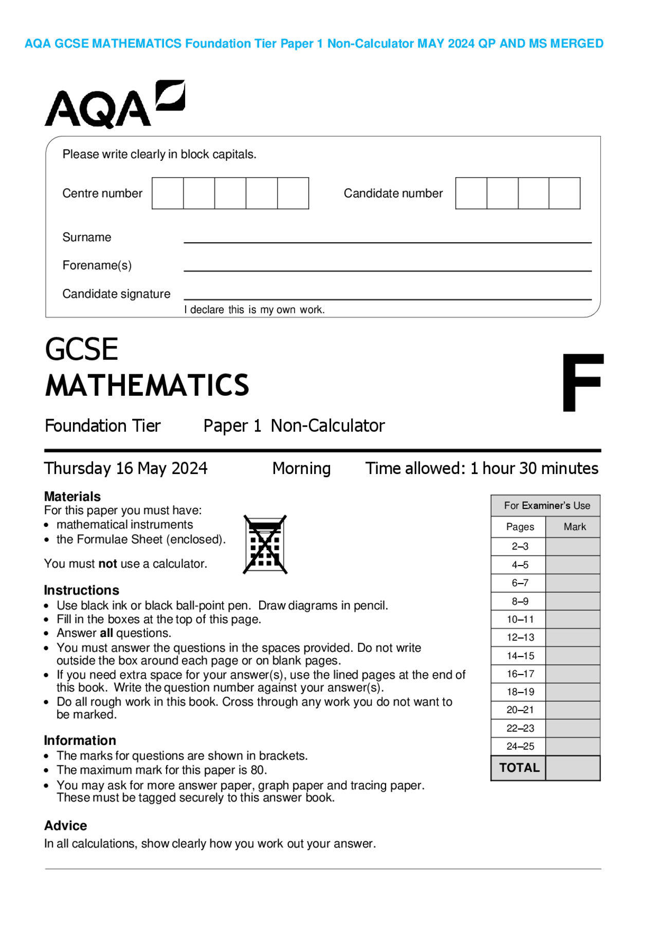 AQA GCSE MATHEMATICS Foundation Tier Paper 1 Non-Calculator MAY 2024 QP ...