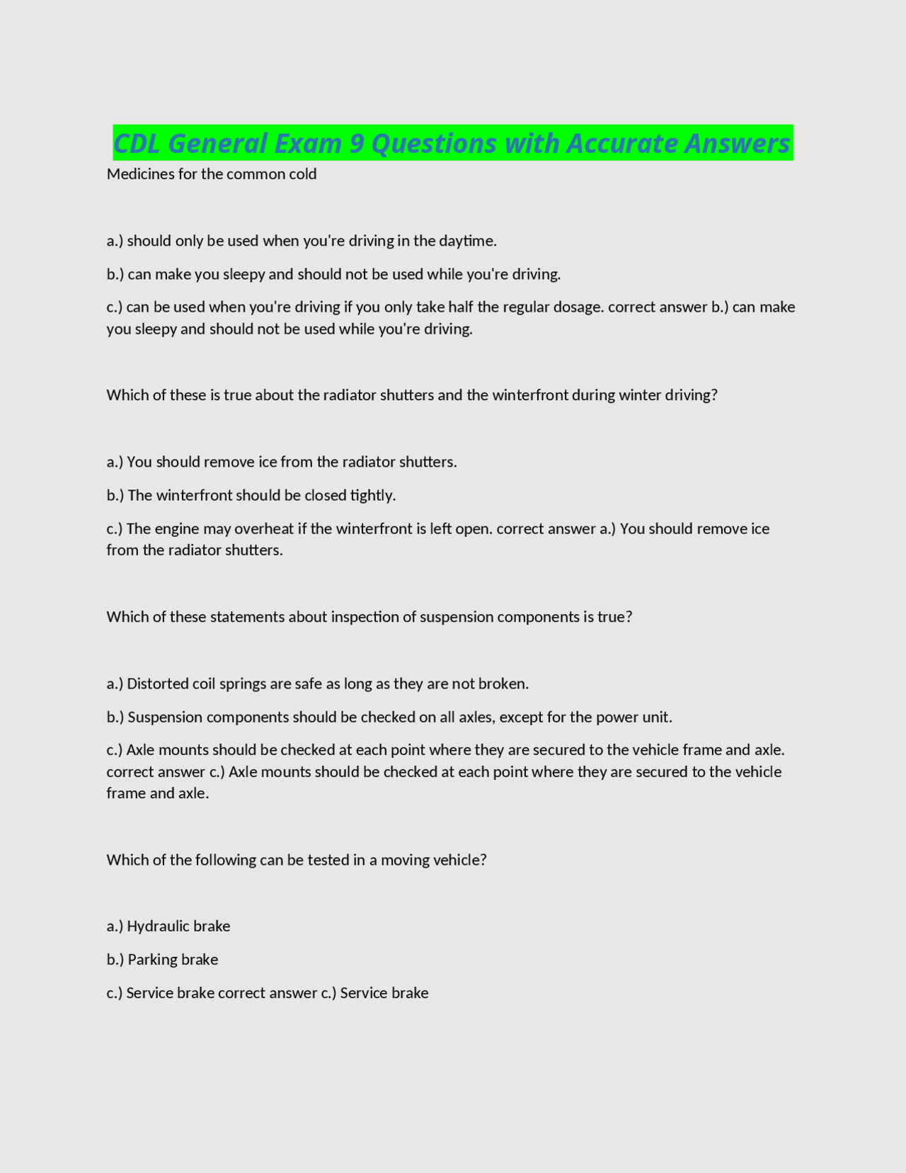 CDL General Knowledge Exam Practice Questions | Exams Logistics | Docsity