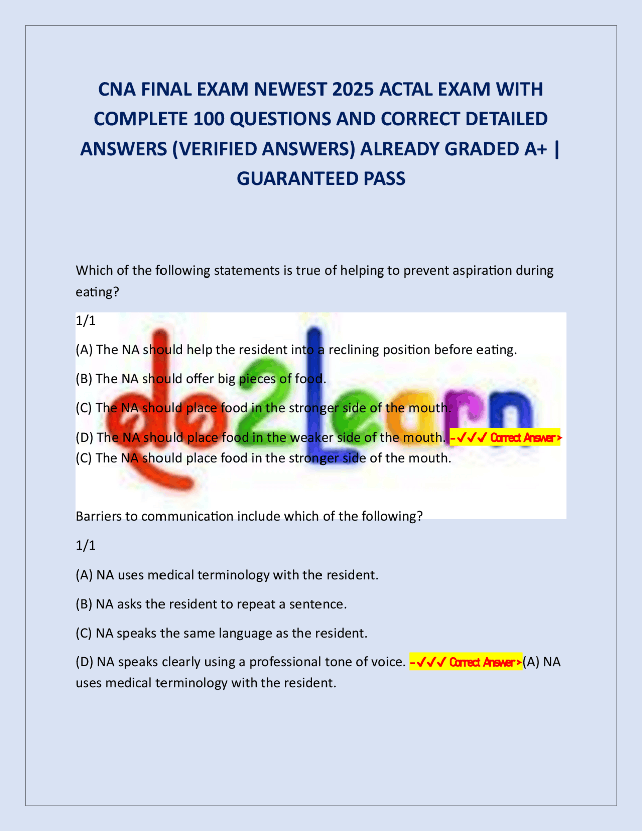 CNA FINAL EXAM NEWEST 2025 ACTAL EXAM WITH COMPLETE 100 QUESTIONS AND CORRECT ANSWERS | Exams ...