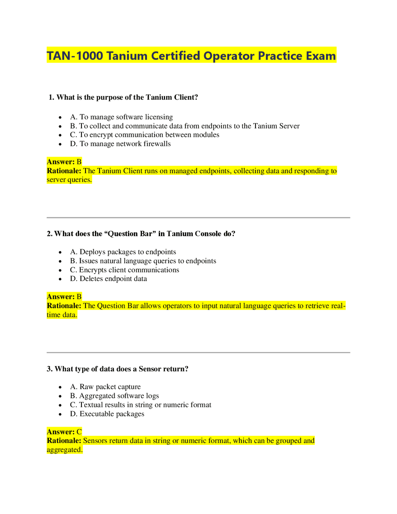 TAN-1000 Tanium Certified Operator Practice Exam Questions And Answers Rated A+ New Updat ...