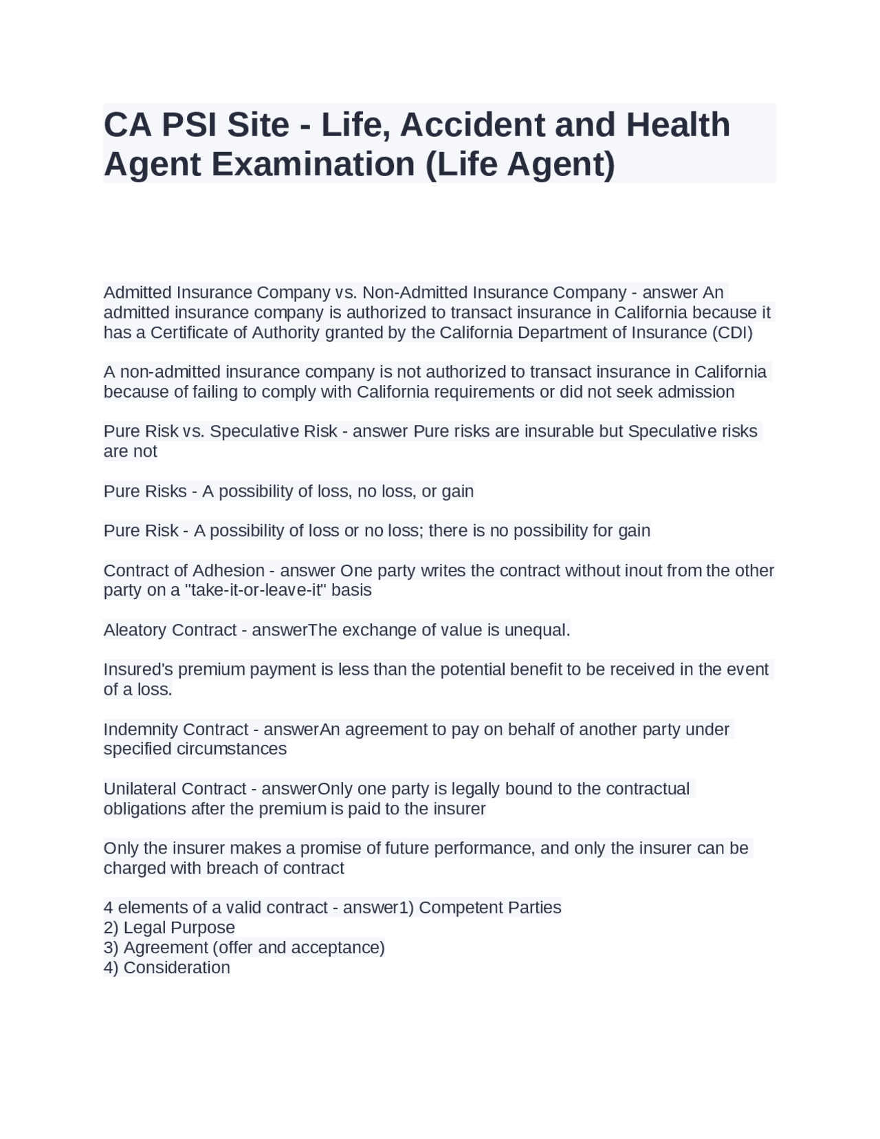 CA PSI Site - Life, Accident and Health Agent Examination (Life Agent ...