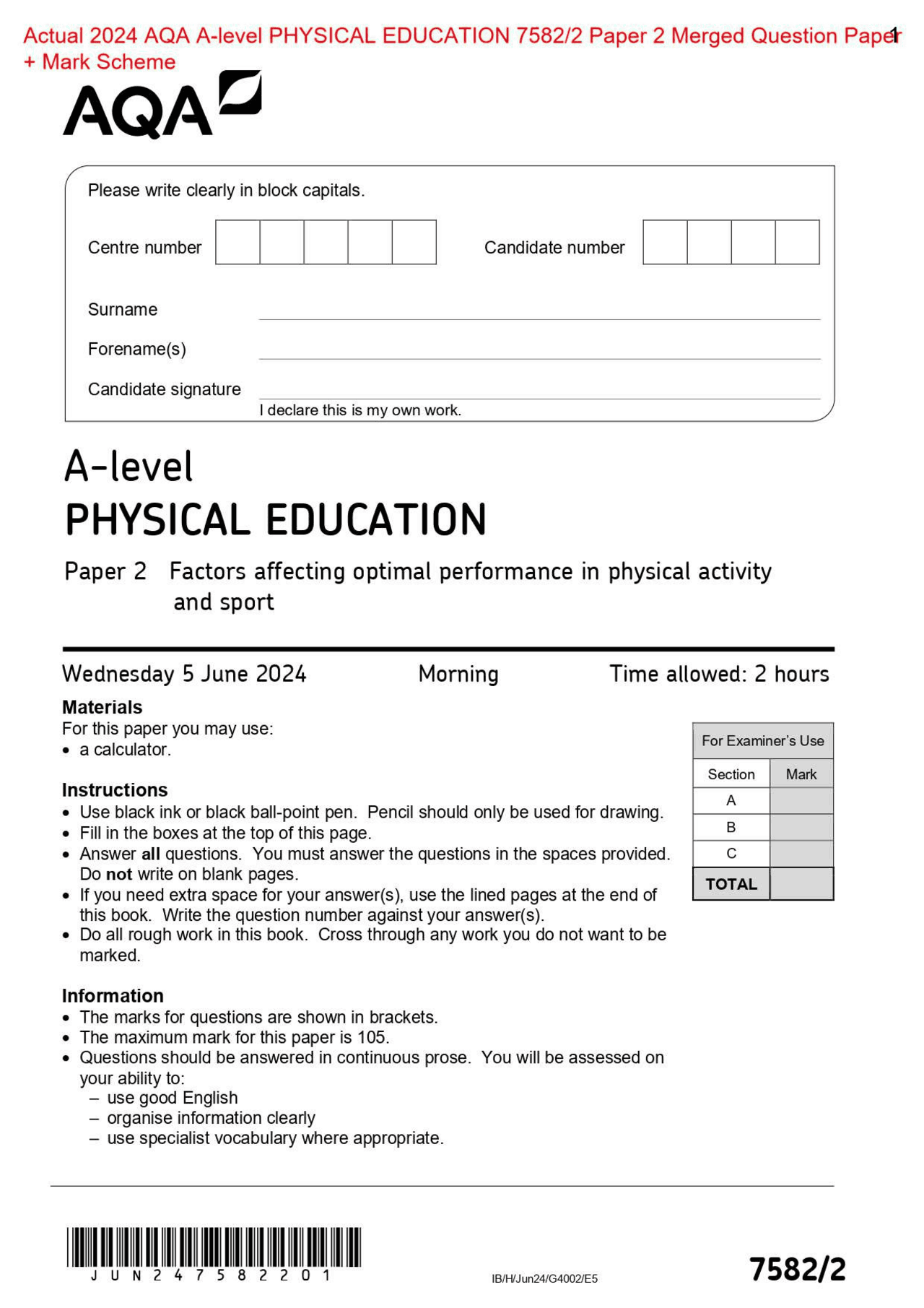 Actual 2024 AQA A-level PHYSICAL EDUCATION 7582/2 Paper 2 Merged ...