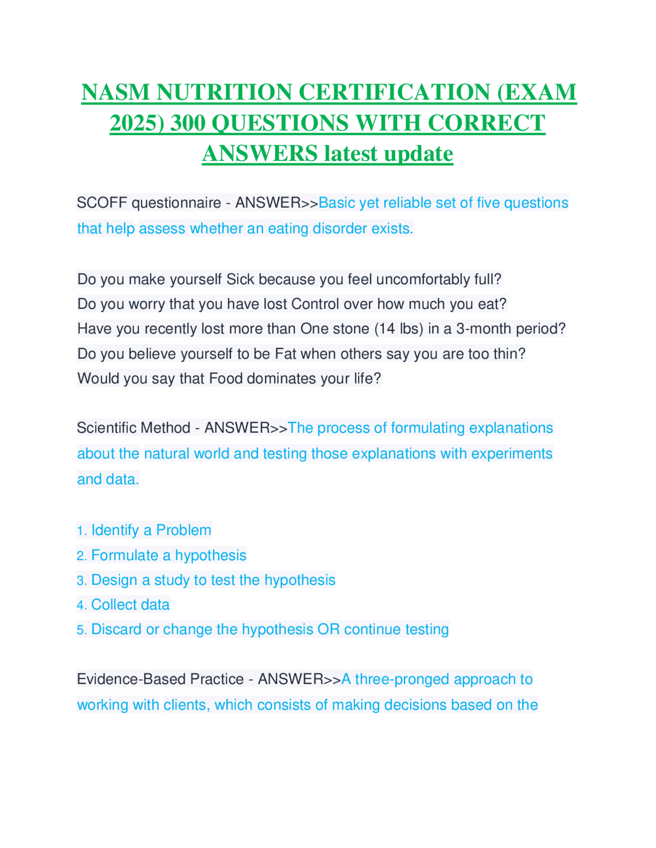 NASM NUTRITION CERTIFICATION (EXAM 2025) 300 QUESTIONS WITH CORRECT ...
