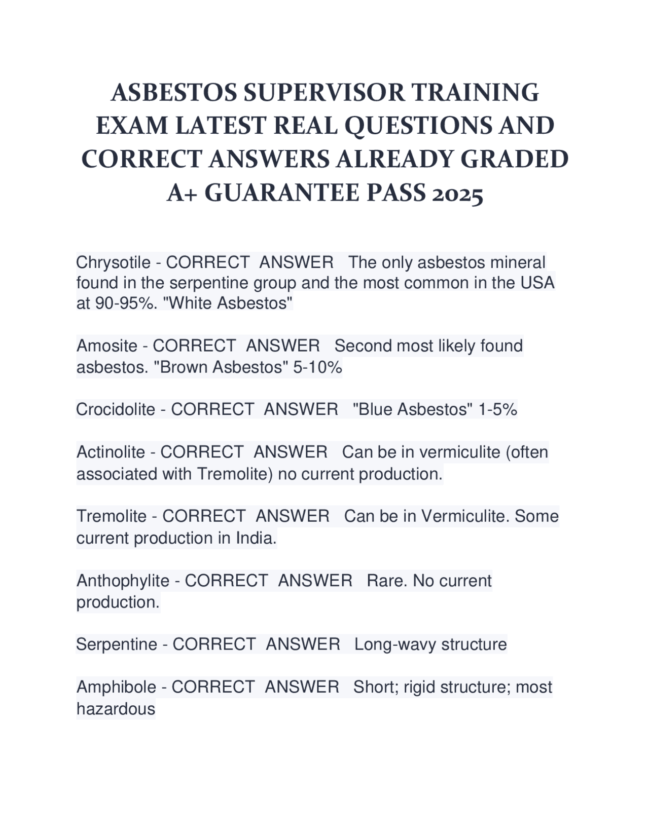 Asbestos Supervisor Training Exam: Questions and Answers 2025 | Exams ...