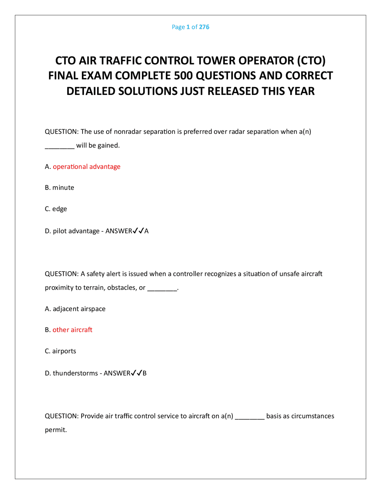 CTO Air Traffic Control Final Exam: 500 Questions & Detailed Solutions ...