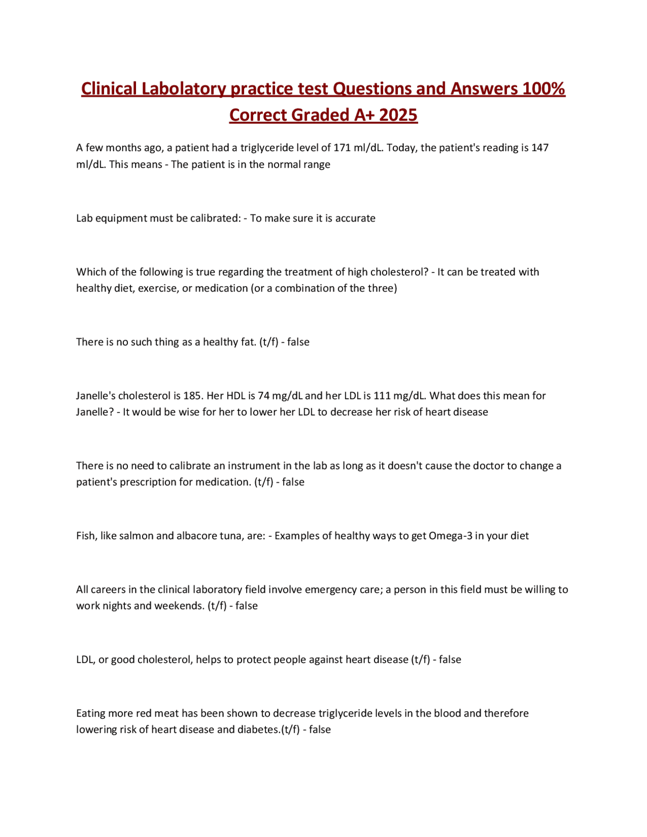 Clinical Labolatory practice test Questions and Answers 100% Correct ...