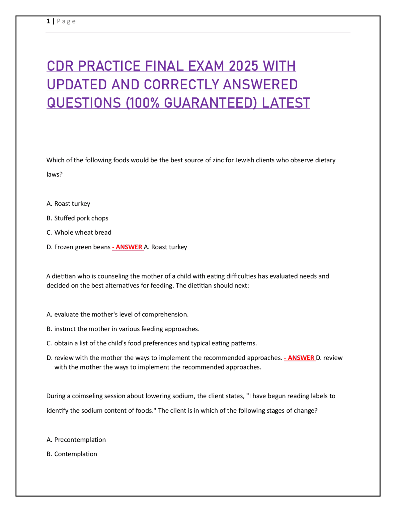 CDR PRACTICE FINAL EXAM 2025 WITH UPDATED AND CORRECTLY ANSWERED QUESTIONS | Exams Nursing | Docsity