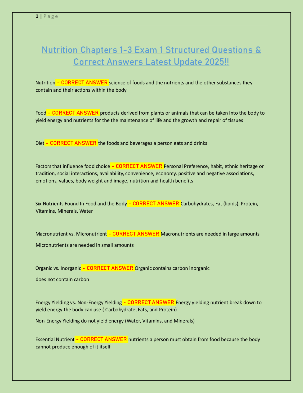 Nutrition Chapters 1-3 Exam 1 Structured Questions & Correct Answers ...
