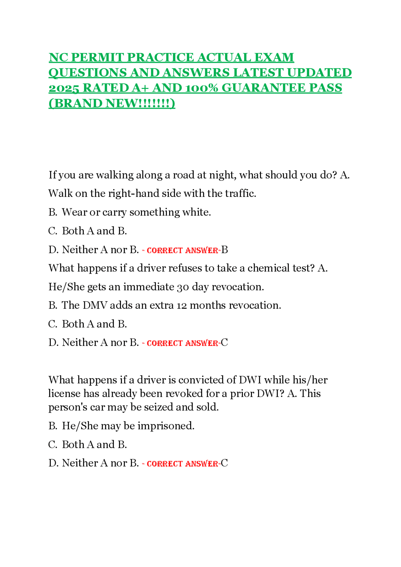 NC PERMIT PRACTICE ACTUAL EXAM QUESTIONS AND ANSWERS LATEST UPDATED ...