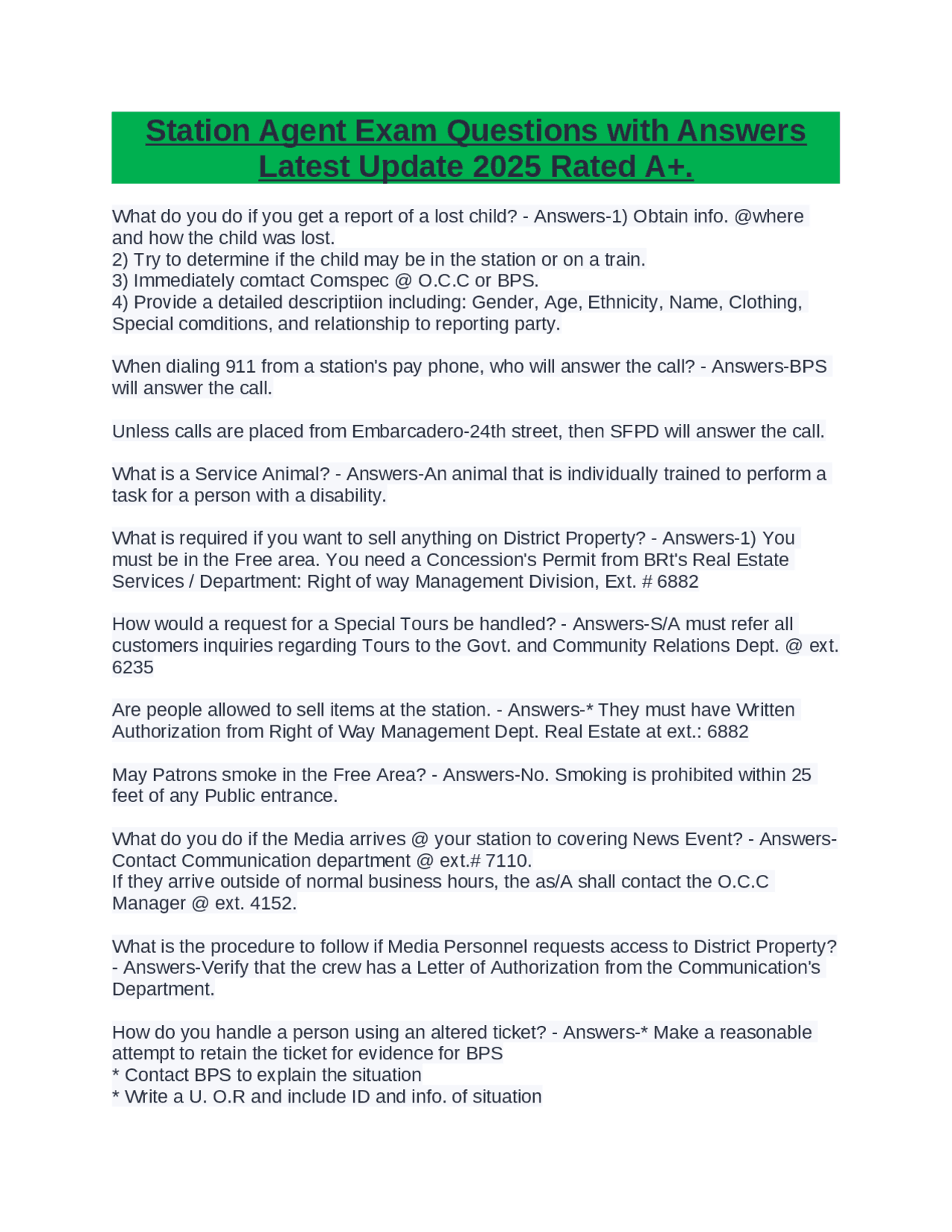 Station Agent Exam Questions with Answers Latest Update 2025 Rated A+ ...