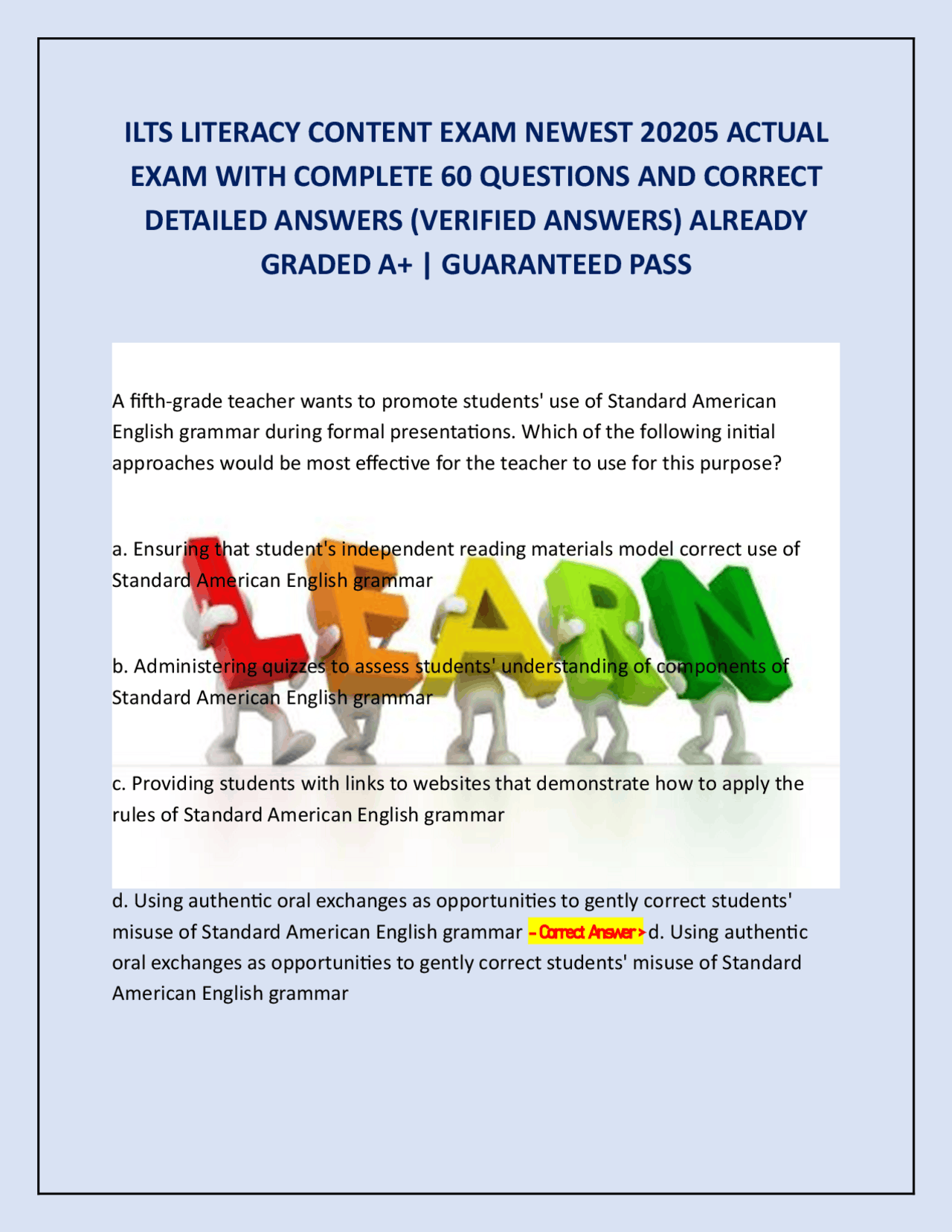 ILTS LITERACY CONTENT EXAM NEWEST 20205 ACTUAL EXAM WITH COMPLETE 60 ...