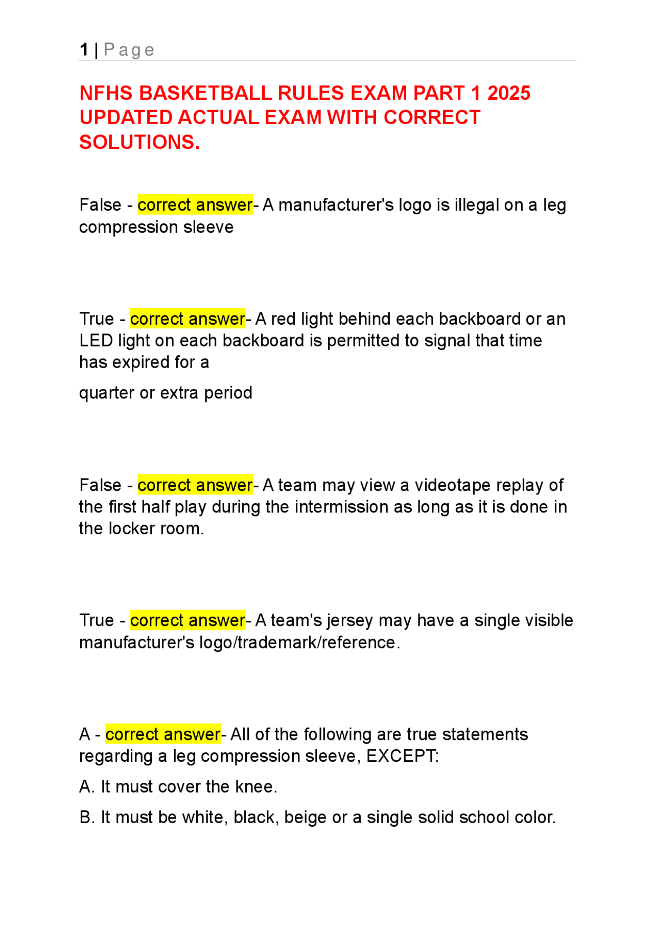 NFHS BASKETBALL RULES EXAM PART 1 2025 UPDATED ACTUAL EXAM WITH CORRECT ...